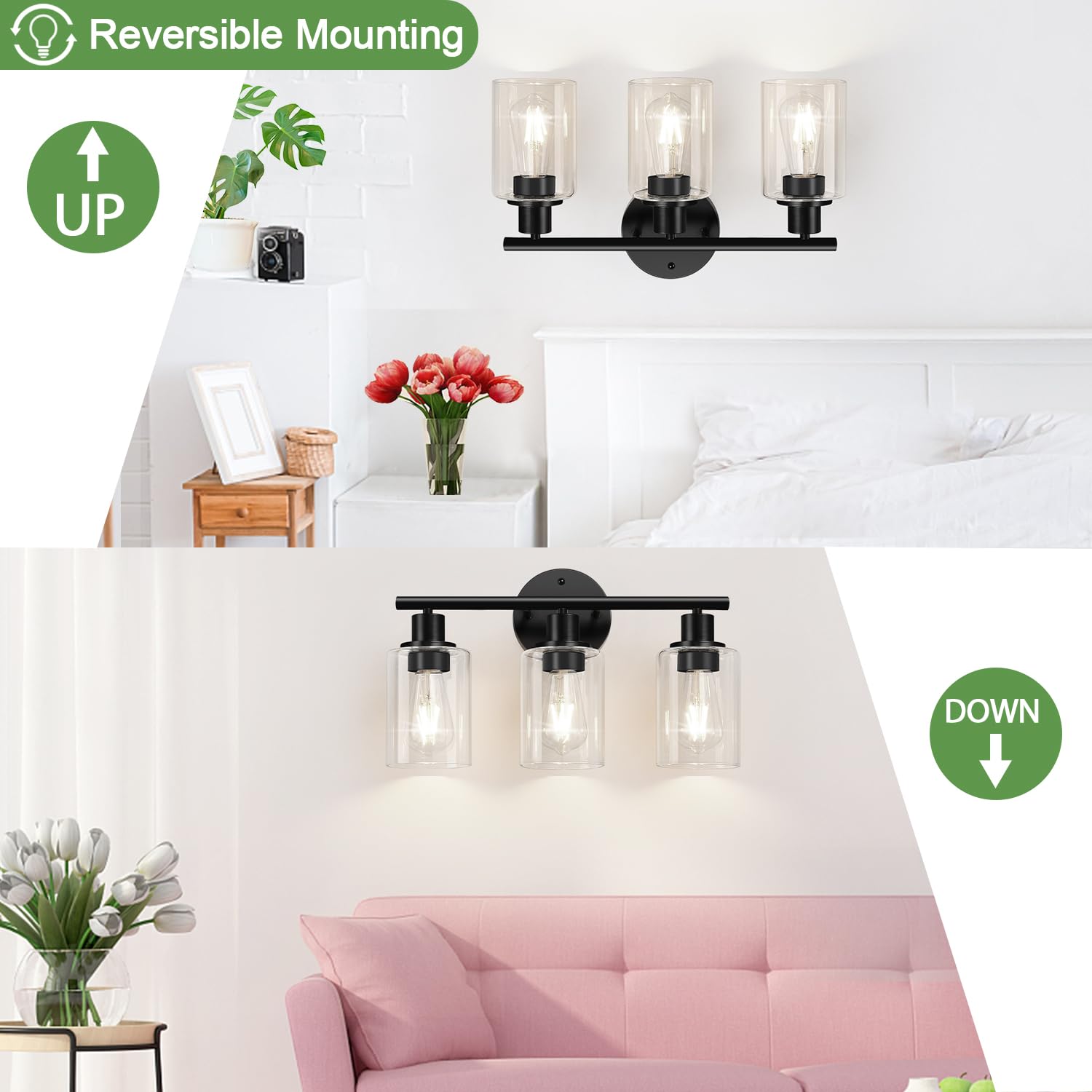 3-Light Bathroom Light Fixtures, Black Bathroom Wall Lights, Modern Bathroom Vanity Light with Clear Glass Shade, Bathroom Wall Lamp for Mirror Kitchen Bedroom Living Room Hallway Cabinet Porch