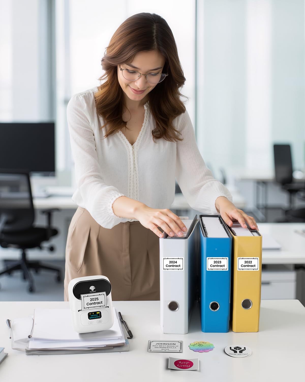 Phomemo M110 Label Printer - Bluetooth Portable Label Maker No Ink, Mini Barcode Label Printer for Retail, Address, Barcode, Home, for PC/Mac, iOS/Android with 3pack Most Used Labels, Snow White