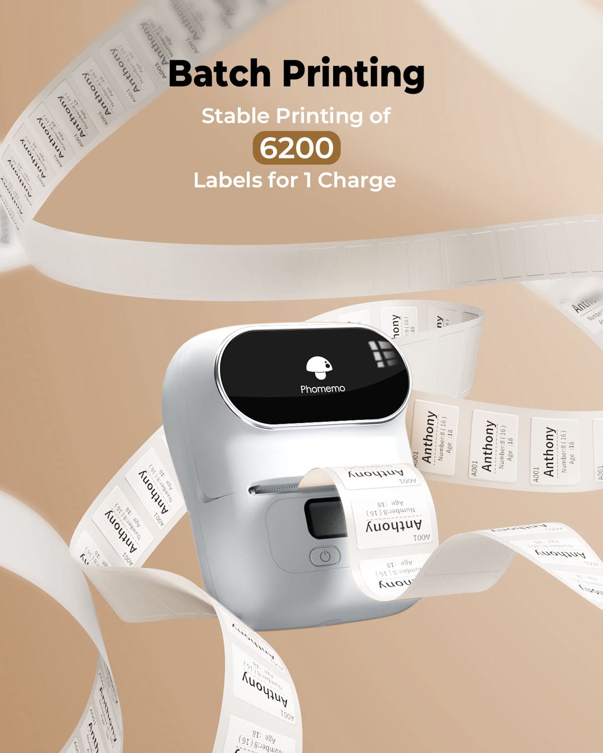Phomemo M110 Label Printer - Bluetooth Portable Label Maker No Ink, Mini Barcode Label Printer for Retail, Address, Barcode, Home, for PC/Mac, iOS/Android with 3pack Most Used Labels, Snow White