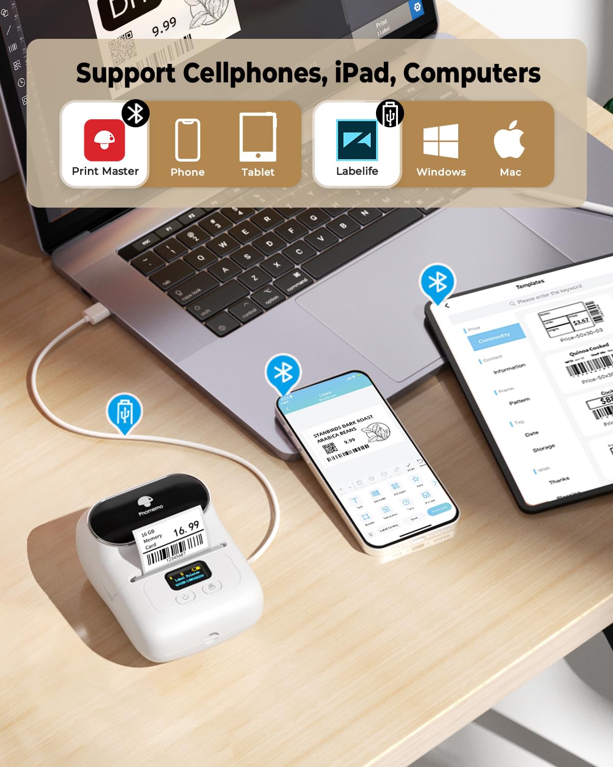 Phomemo M110 Label Printer - Bluetooth Portable Label Maker No Ink, Mini Barcode Label Printer for Retail, Address, Barcode, Home, for PC/Mac, iOS/Android with 3pack Most Used Labels, Snow White