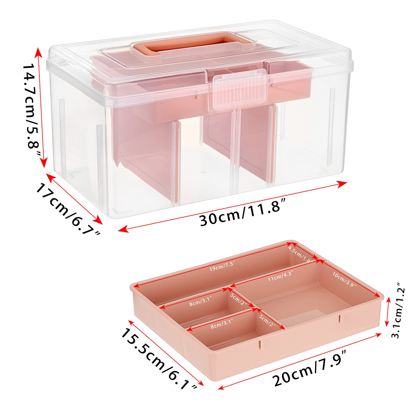 BTSKY 2 Layer Clear Plastic Dividing Storage Box with Removable Tray Multipurpose Stationery Storage Box with Handle Portable Sewing Box Art Craft Supply Organizer Home Utility Box (Big Pink)