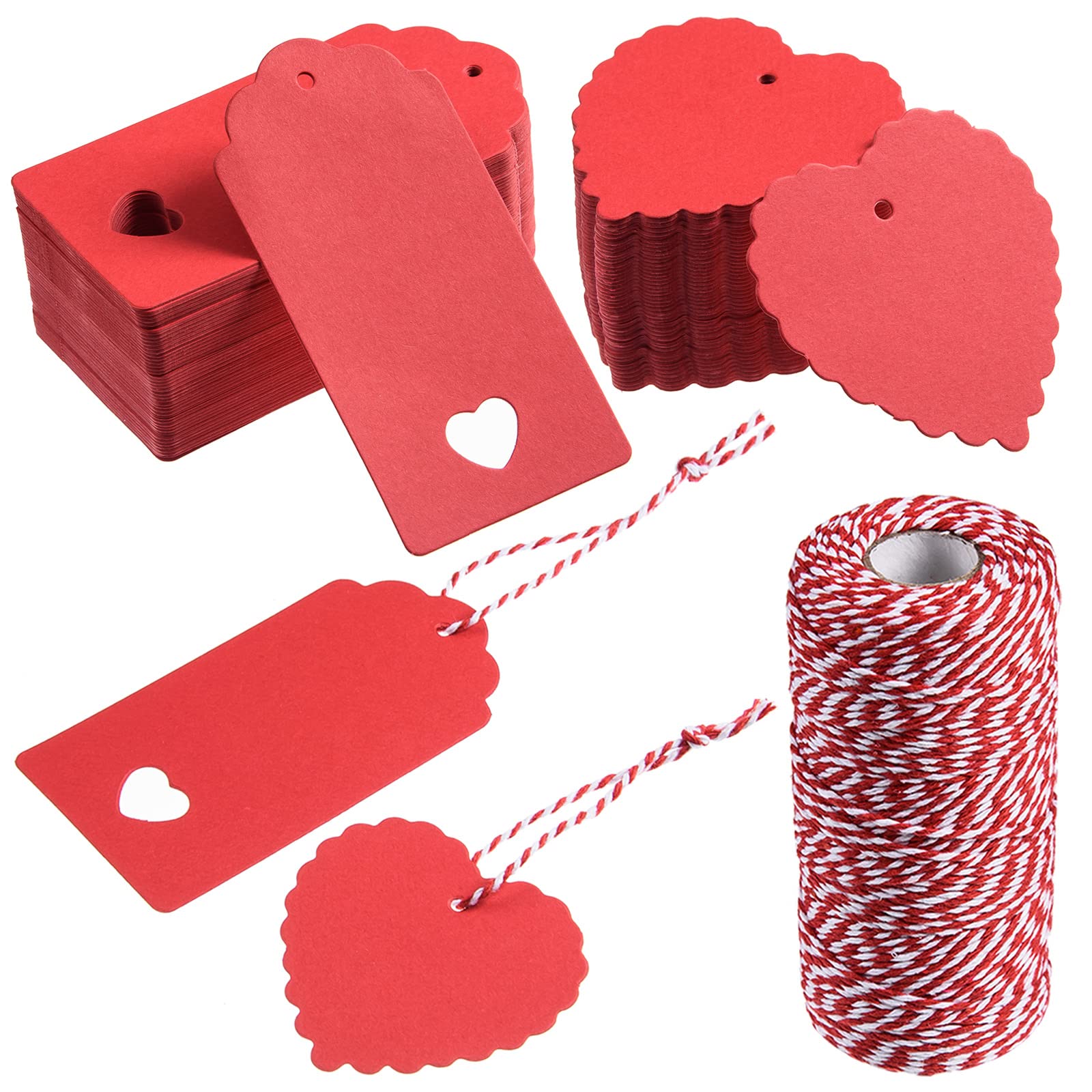 360 Pcs Valentine's Day Gift Tags Heart Kraft Paper Tags Valentine's Day Theme Hanging Name Tags Labels with String for Valentine's Day Wedding Birthday Party Wrapping DIY Supplies(Red)