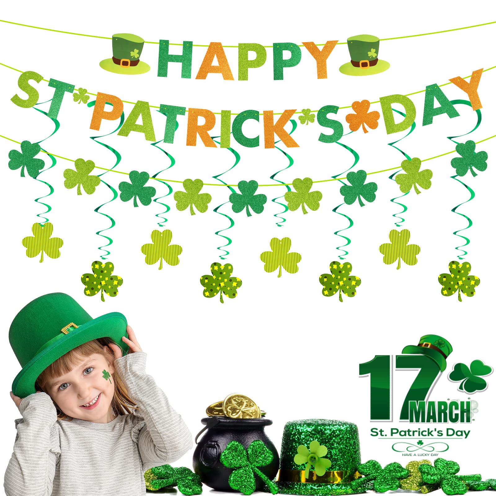 St.Patricks Day Decorations,1 Felt Shamrock Clover Garland+ 1 Happy St.Patricks Day Banner+8Pcs Hanging Swirls,St. Patrick 's Day Banner Decor perfect for Irish party supplies- Green and Light Green Color