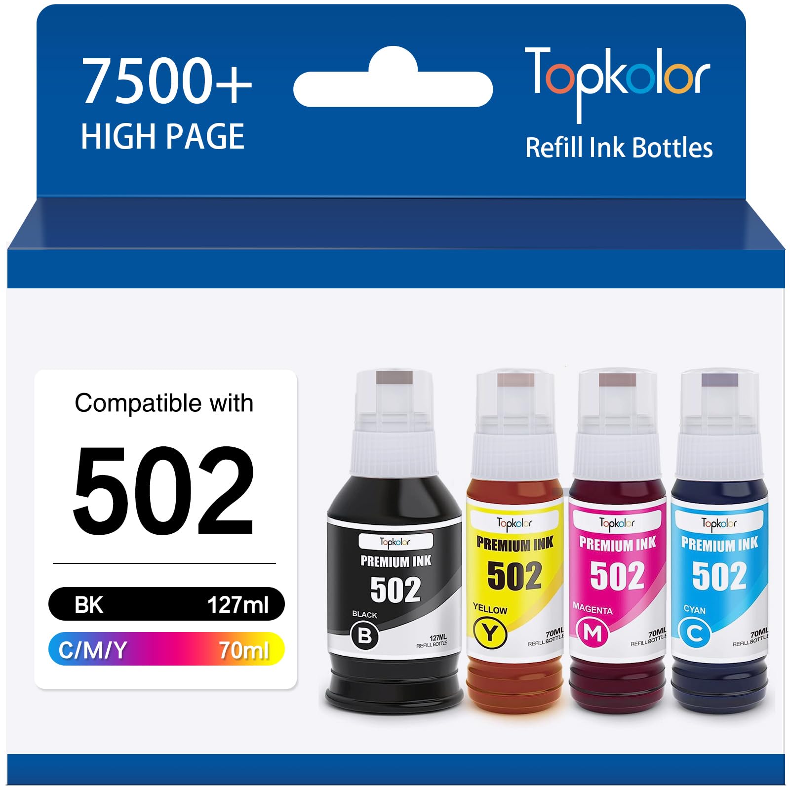 Topkolor Compatible T502 502 Refill Ink Bottle Kit for ET-2760 ET-2750 ET-3750 ET-4760 ET-4750 ET-3760 ET-3710 ET-3700 ET-2700 ST-2000 ST-3000 ET-2803 Printer, 4-Pack
