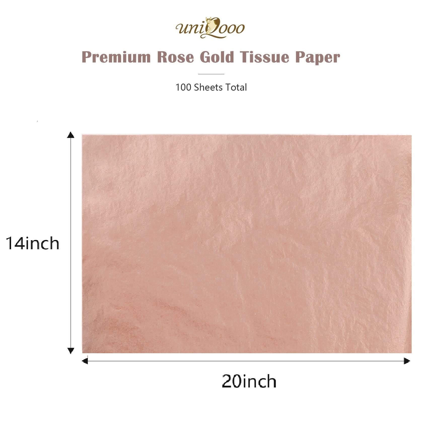 UNIQOOO 100 Sheets 20X14 Premium Metallic Rose Gold Tissue Gift Wrap Paper Bulk, Great for Gift Bag, Recyclable Gift Wrapping Accessory, Perfect for Small Gift bags, Pinata, Wedding, Party, Cutout