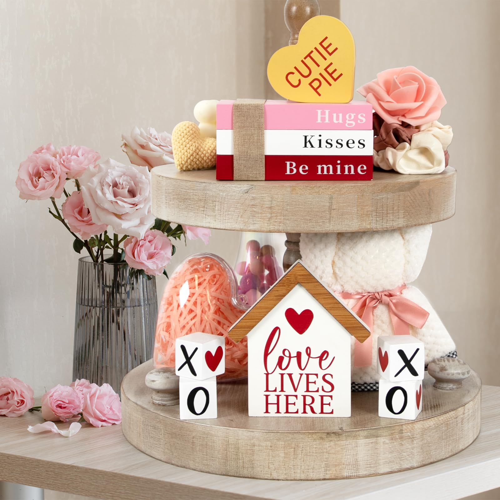 DAZONGE Valentines Day Decor, 6PCS Valentine Tiered Tray Decor, Be Mine Book Stack, XOXO, Love Lives Here House Valentine Signs, Freestanding Valentines Table Decorations for Wedding, Anniversary Events