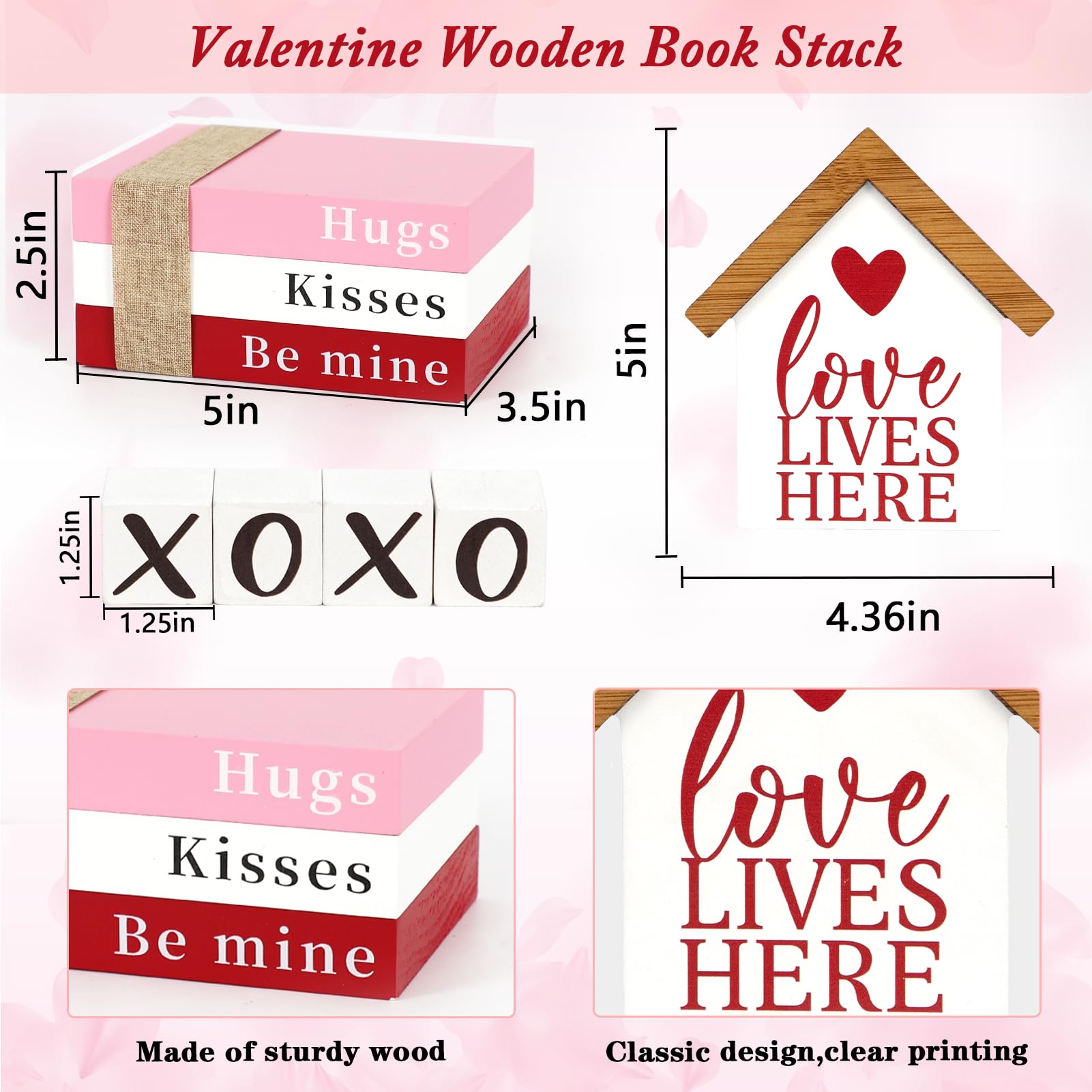 DAZONGE Valentines Day Decor, 6PCS Valentine Tiered Tray Decor, Be Mine Book Stack, XOXO, Love Lives Here House Valentine Signs, Freestanding Valentines Table Decorations for Wedding, Anniversary Events