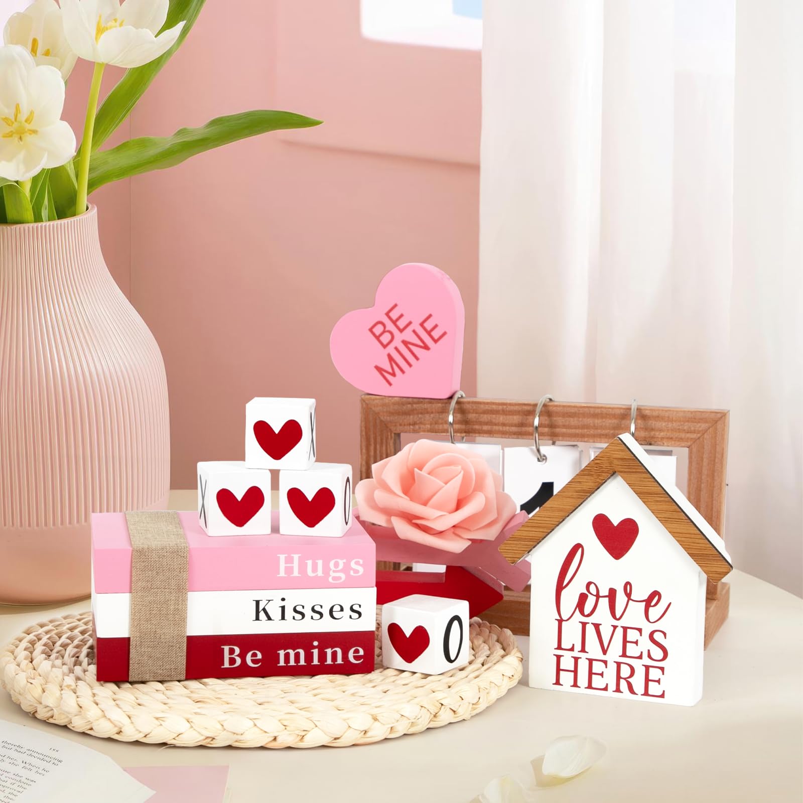 DAZONGE Valentines Day Decor, 6PCS Valentine Tiered Tray Decor, Be Mine Book Stack, XOXO, Love Lives Here House Valentine Signs, Freestanding Valentines Table Decorations for Wedding, Anniversary Events