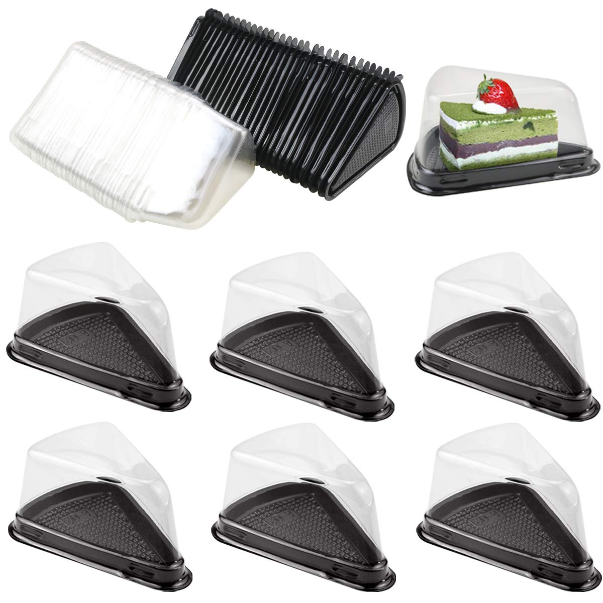 Fansunta 100Pcs Clear Plastic Triangle Dessert Cake Box Cake Slice Container Cheesecake Pie Containers Pies Holder (black)