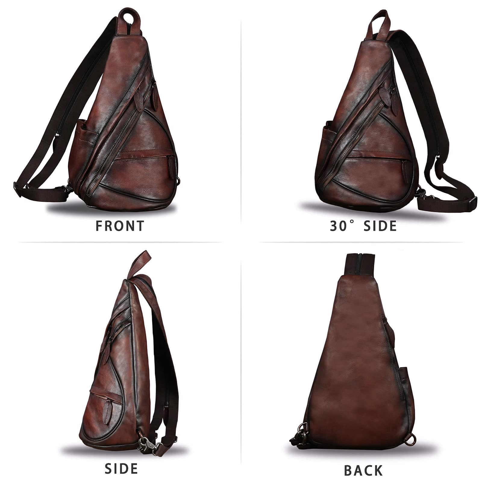Genuine Leather Sling Bag Casual Shoulder Hiking Backpack Vintage Handmade Crossbody Bag Retro Chest Daypack Convertible Backpack (LightCoffee)