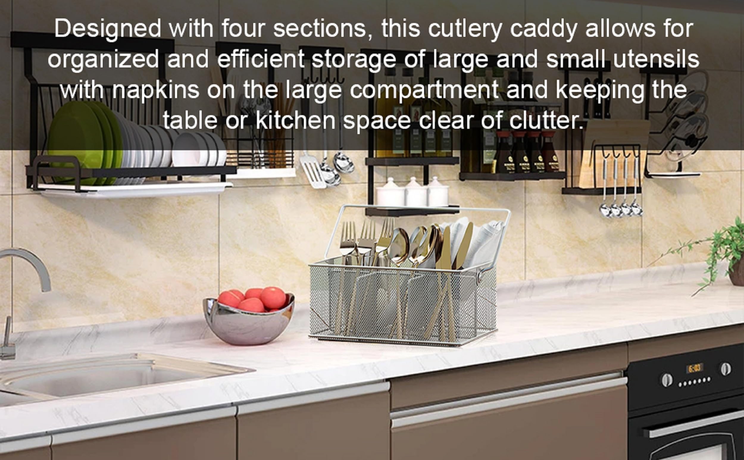 YBM HOME Mesh Basket Utensil Holder & Picnic Silverware Caddy Organizer with Four Compartments and Napkin Storage, Black