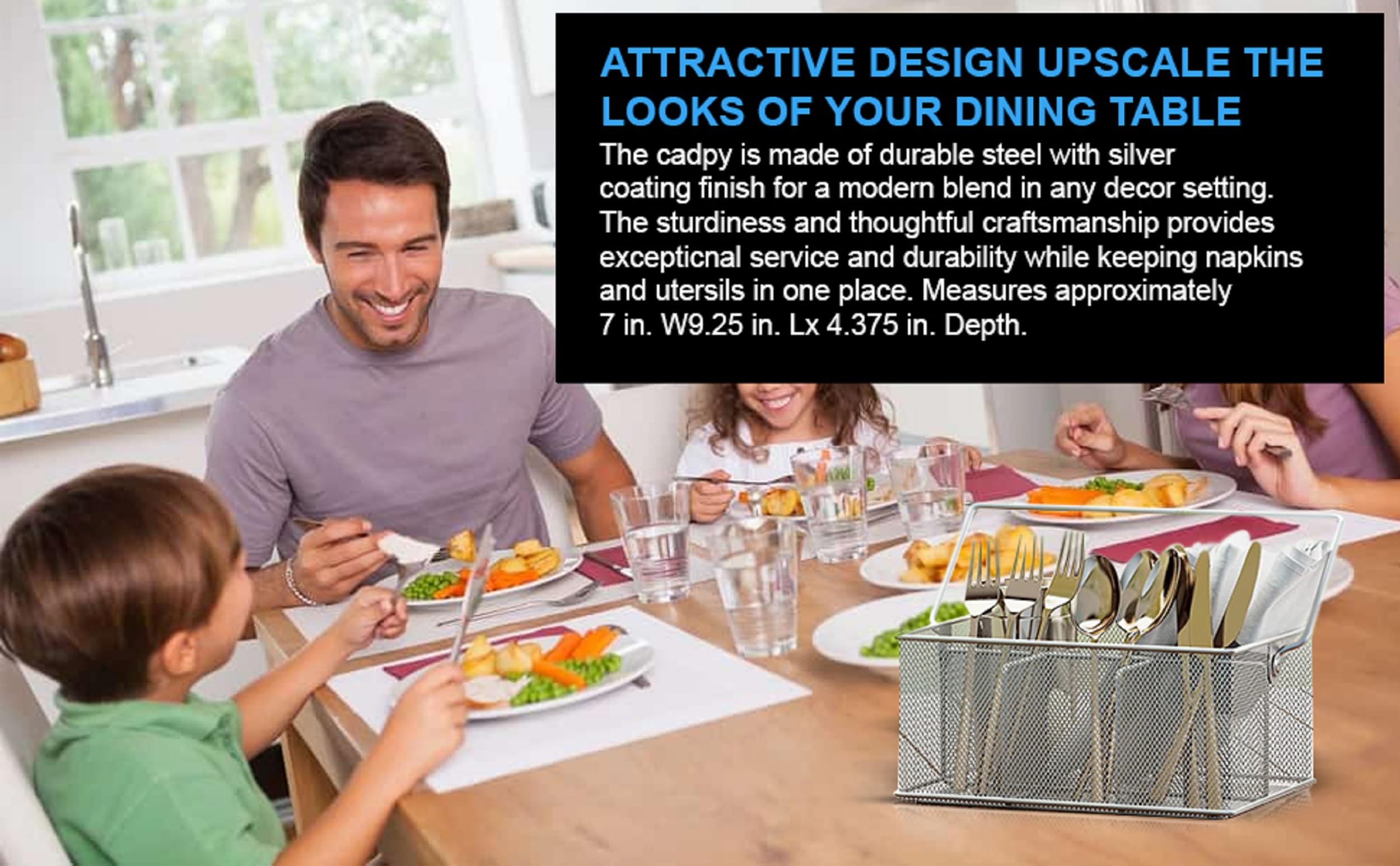 YBM HOME Mesh Basket Utensil Holder & Picnic Silverware Caddy Organizer with Four Compartments and Napkin Storage, Black
