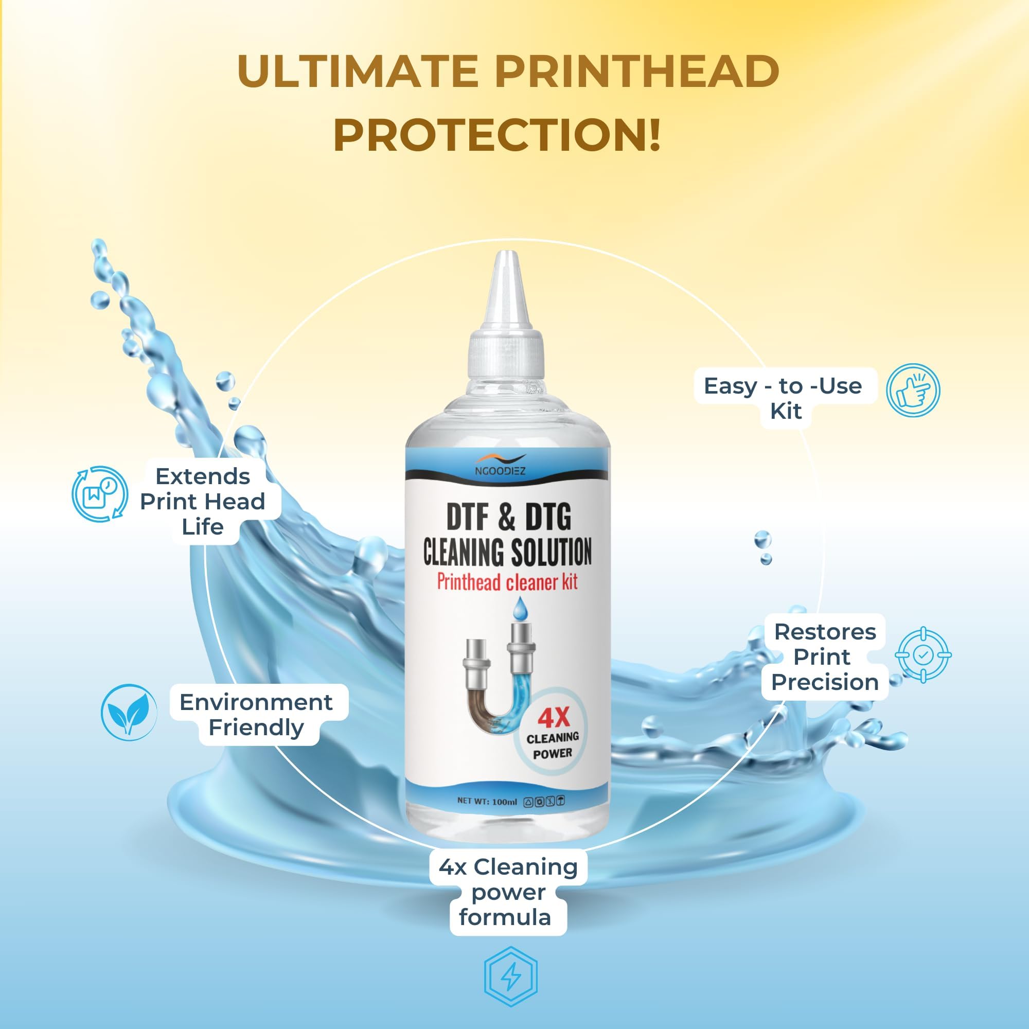 NGOODIEZ Printhead Cleaning Kit for Any DTF Printer/DTG Printer - Universal Printhead Cleaner Kit for Printer Nozzle - Printer Cleaning Kit for Direct Transfer Film Printers (100mL Solution)