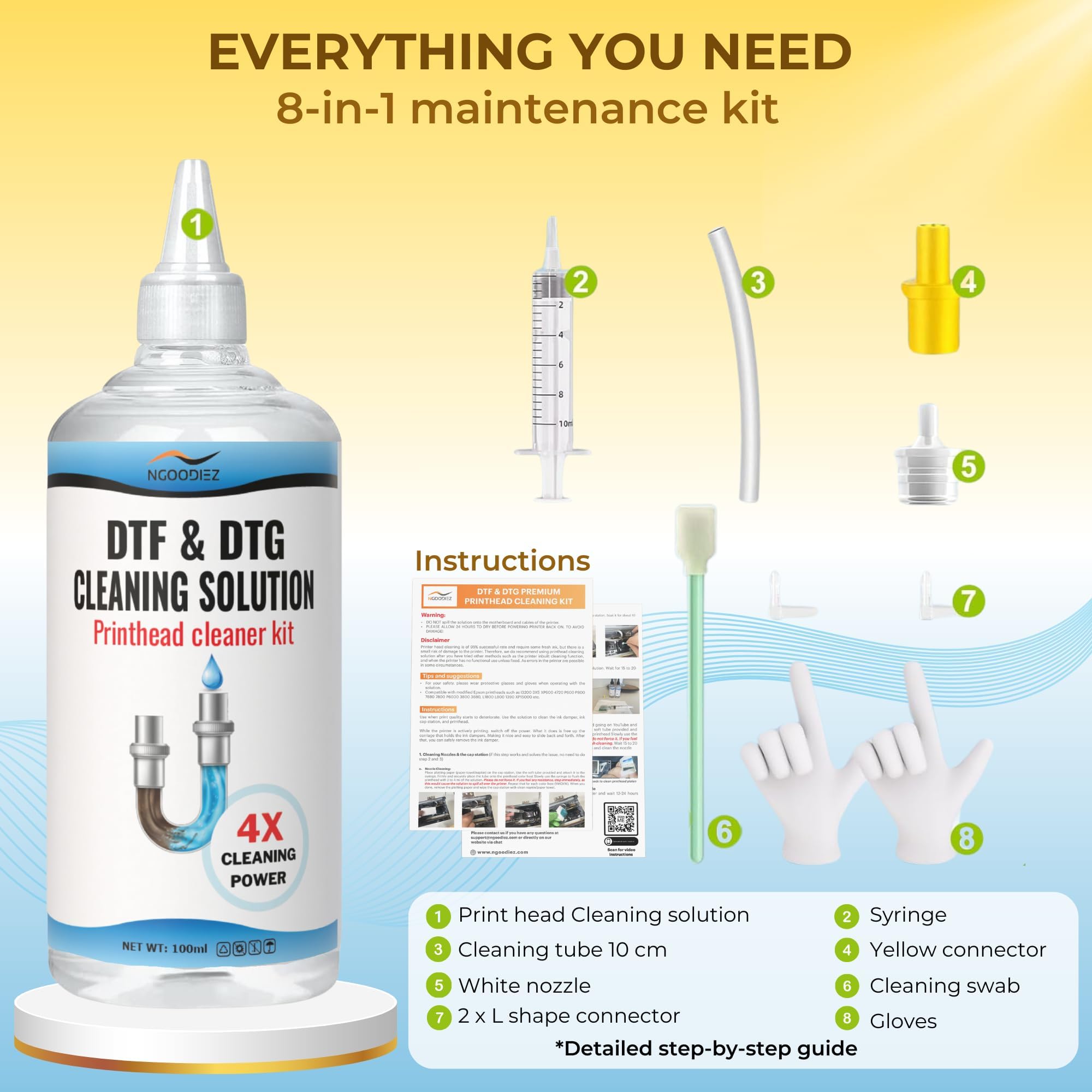 NGOODIEZ Printhead Cleaning Kit for Any DTF Printer/DTG Printer - Universal Printhead Cleaner Kit for Printer Nozzle - Printer Cleaning Kit for Direct Transfer Film Printers (100mL Solution)