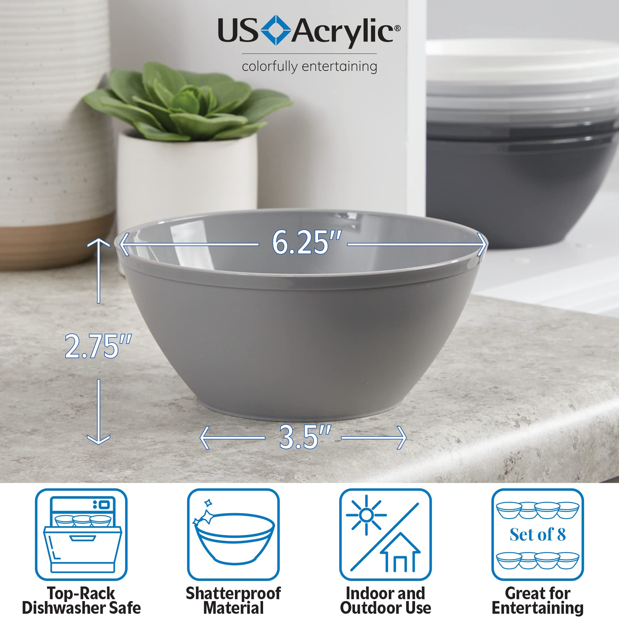 US Acrylic Fresco 28 oz. Plastic Stackable Snack Bowls for Cereal and Ice Cream in Grey Stone | Set of 8 | 6-inch Reusable, BPA-Free, Made in the USA, Dishwasher Safe Dinnerware