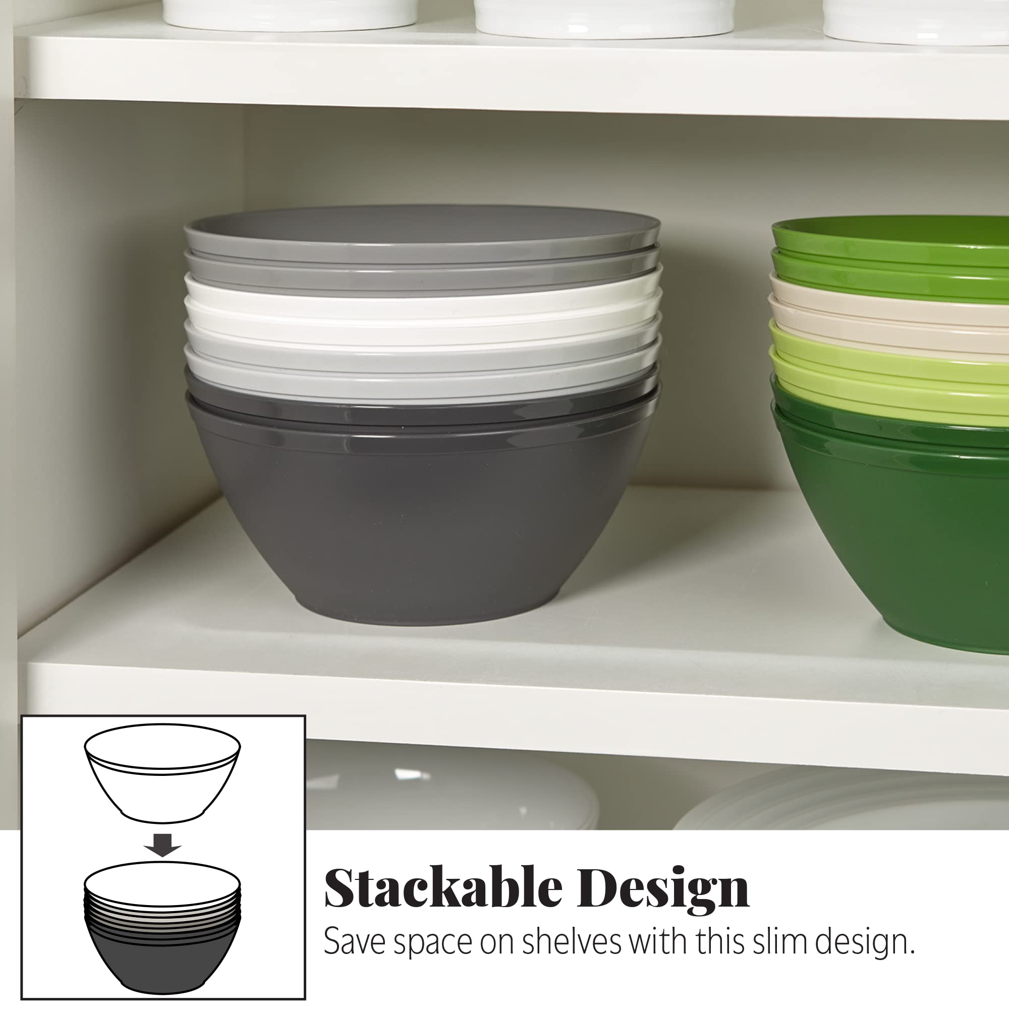 US Acrylic Fresco 28 oz. Plastic Stackable Snack Bowls for Cereal and Ice Cream in Grey Stone | Set of 8 | 6-inch Reusable, BPA-Free, Made in the USA, Dishwasher Safe Dinnerware