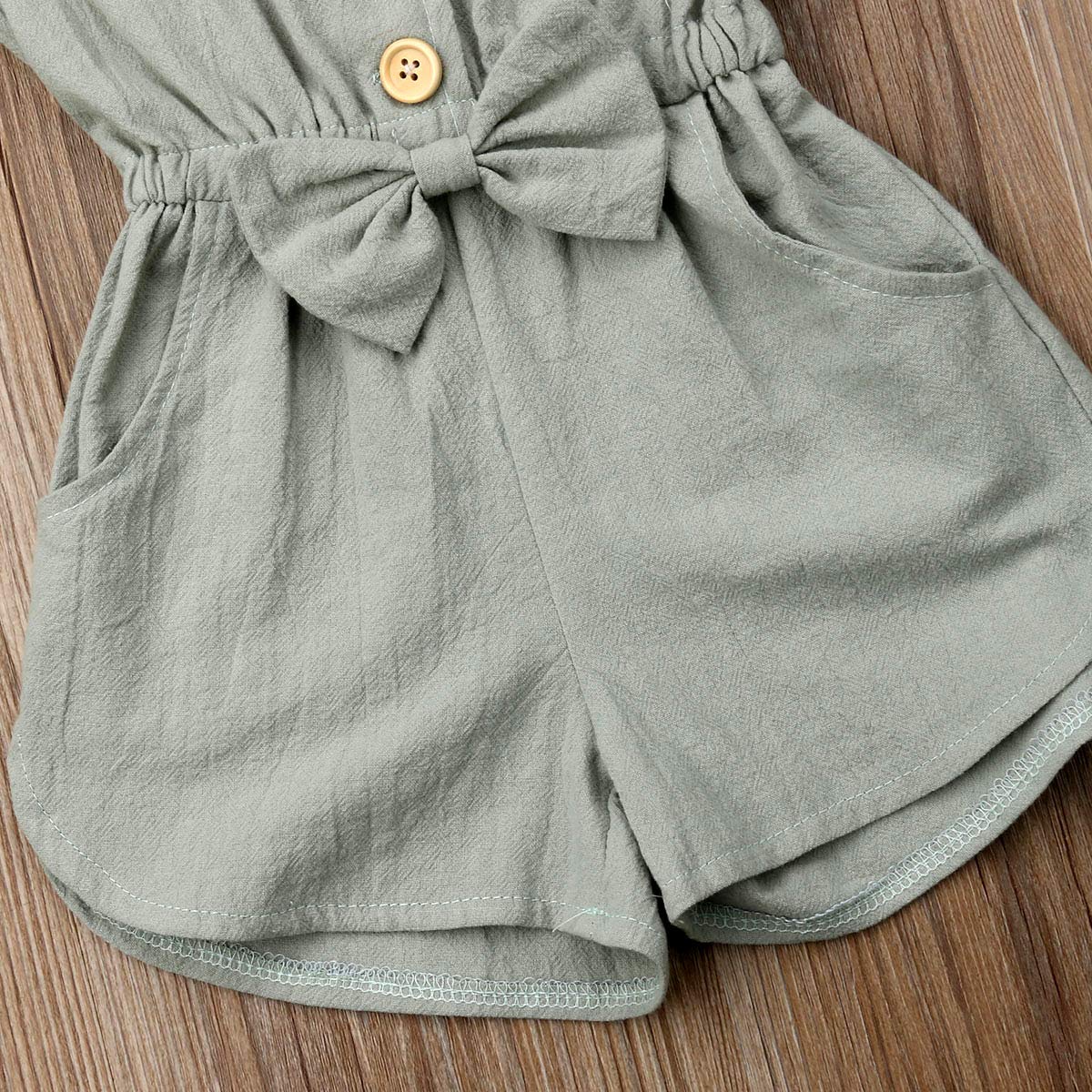 Toddler Kids Baby Girl Flutter Sleeve Short Romper Jumpsuit Botton Down Shirt Tops with Bowknot (Light Green, 4-5T)