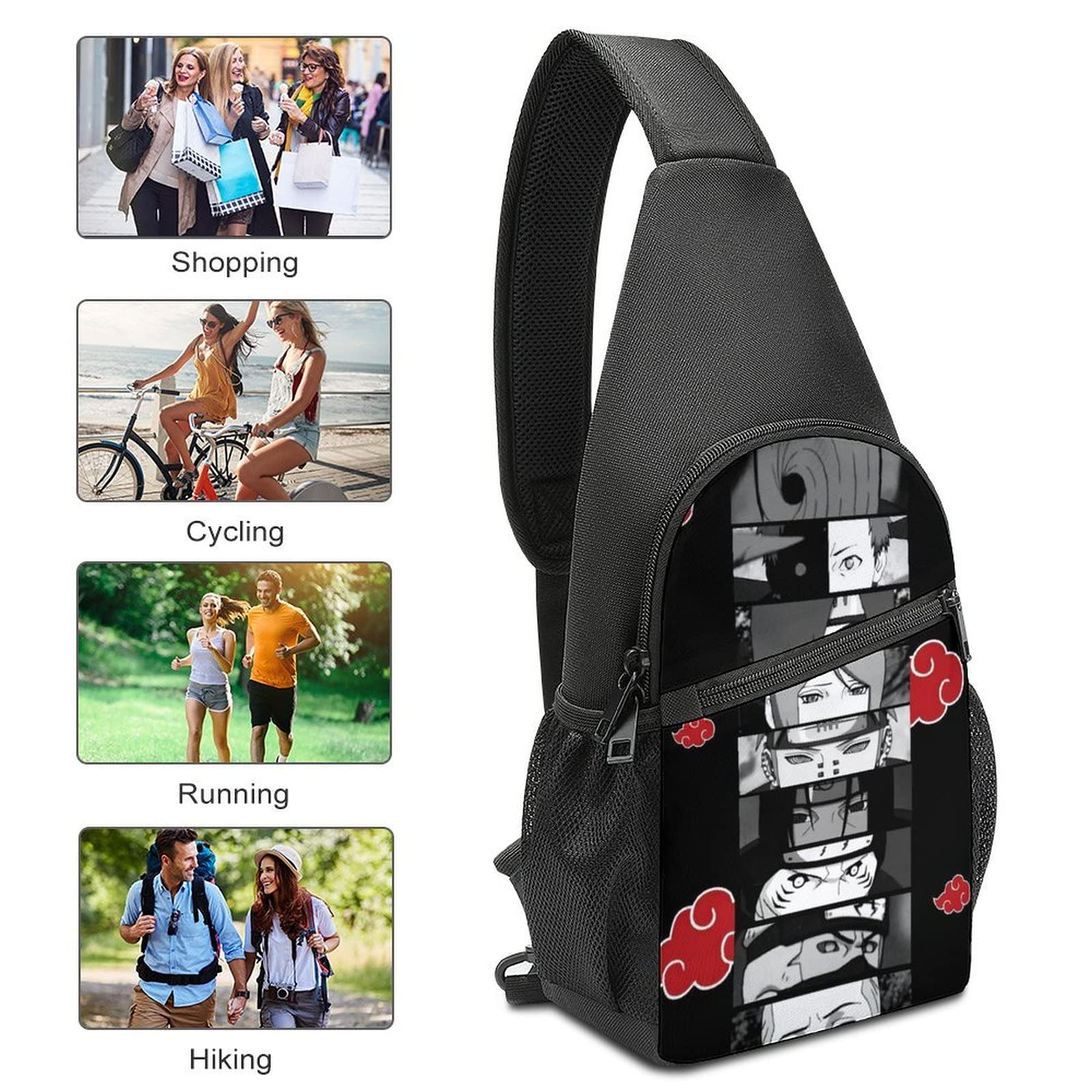 Small Sling Crossbody Bag Anime Printing Multifunction Chest Shoulder Bag Waterproof Hiking Travel Bag with Adjustable Strap for Women Men (Black)