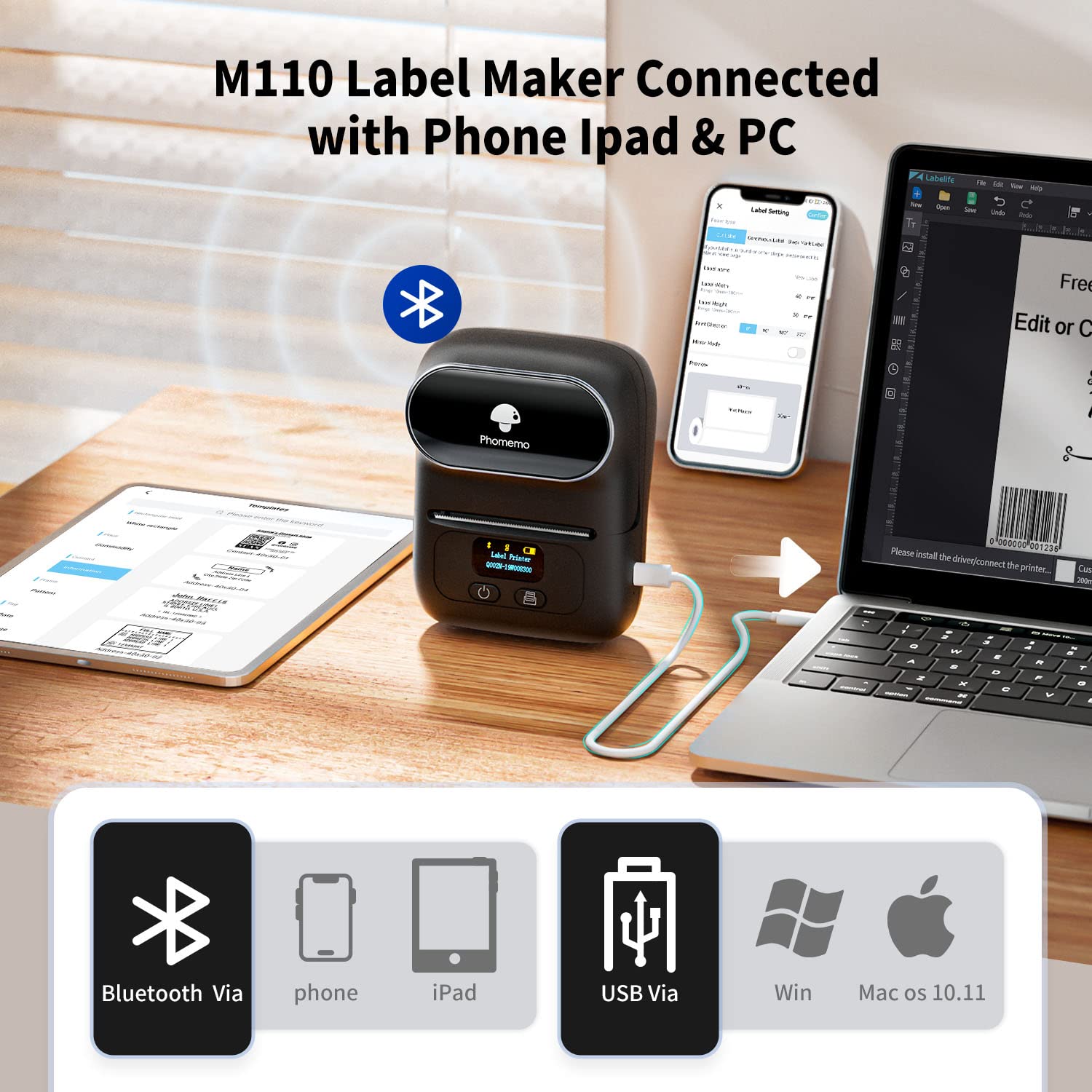 Phomemo M110 Portable Wireless Thermal Label Printer, Bluetooth Label Maker Machine for iOS & Android, Address Label Printer Machine for Barcode, Retail, Home, Office, with 1 Roll 40x30mm Label