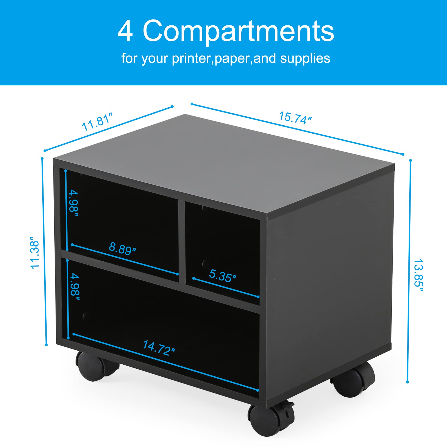 FITUEYES Mobile Printer Stand with Storage, Under Desk Black Wood Small Rolling Printer Table Work Cart with Wheels and 3 Compartment Organizer Spaces for Home Office,, 15.7 x 11.8 x 13.8