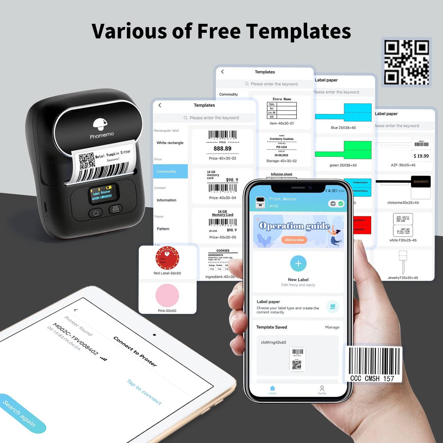 Phomemo M110 Portable Wireless Thermal Label Printer, Bluetooth Label Maker Machine for iOS & Android, Address Label Printer Machine for Barcode, Retail, Home, Office, with 1 Roll 40x30mm Label