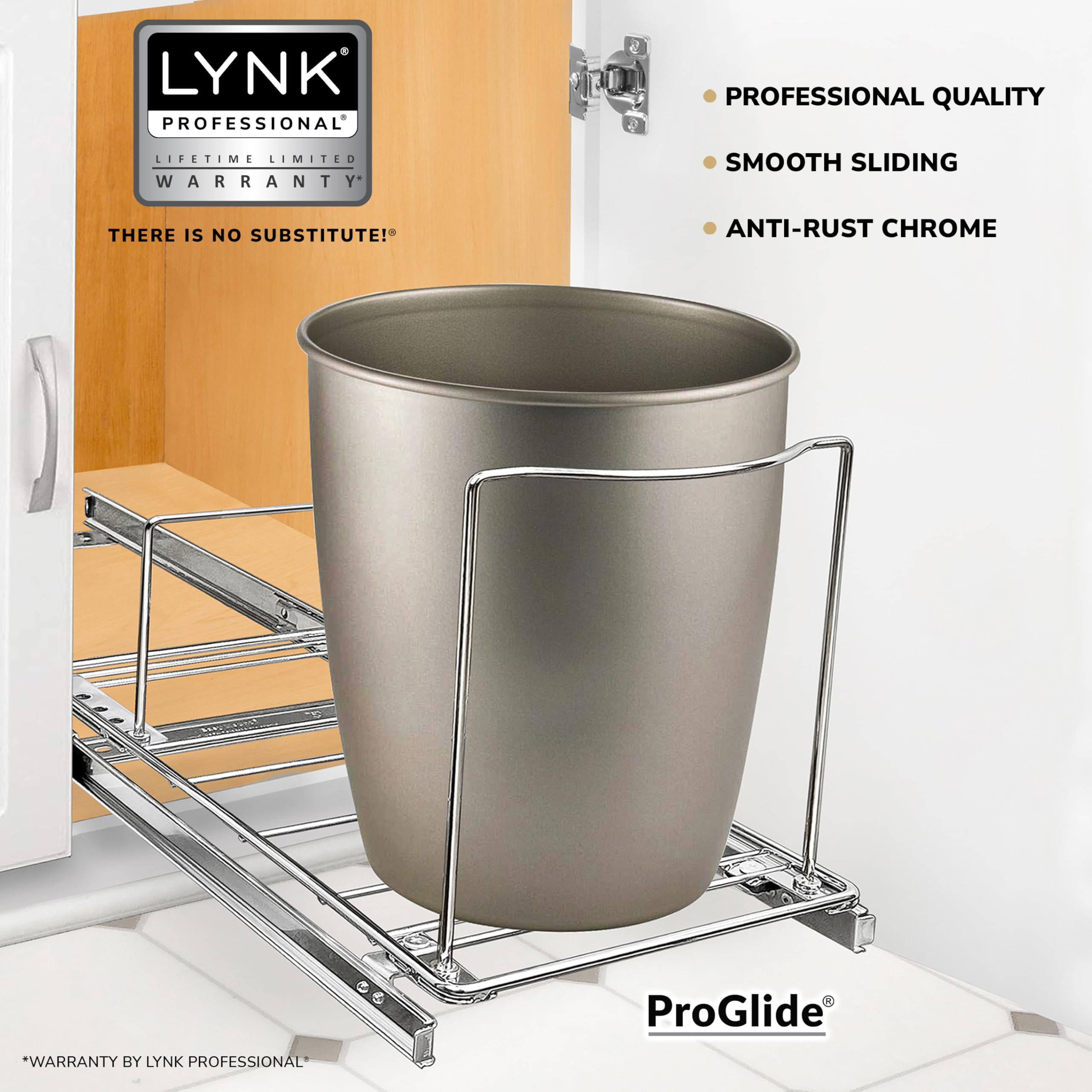 Lynk Professional® Pull Out Trash Can Under Cabinet Slide Out Organizer, Slide Out Adjustable Shelf for Trash Cans, Laundry Hampers, and Bath Bins - Chrome (Trash Can Not Included)