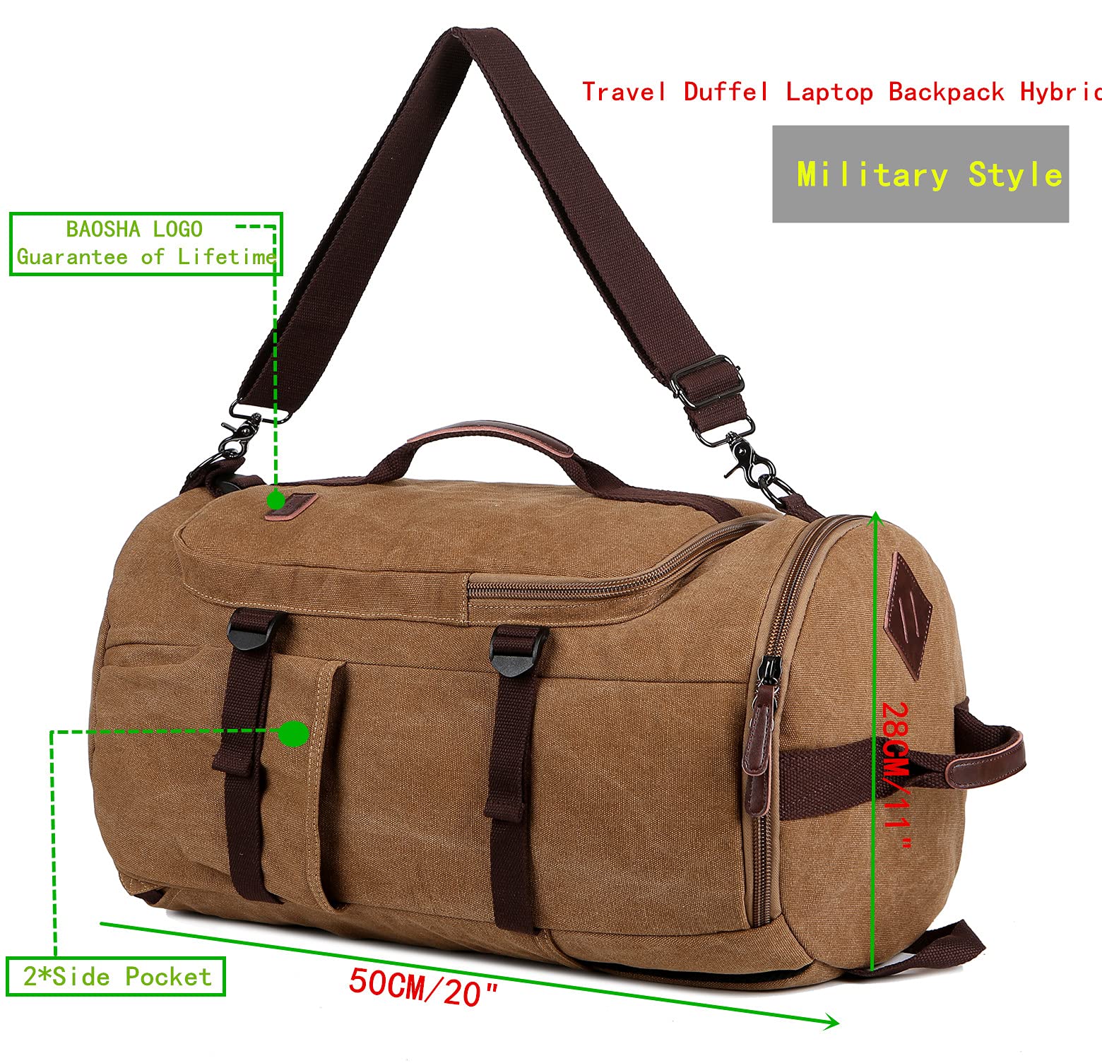 Baosha Canvas Weekender Travel Duffel Backpack Hybrid Hiking Rucksack Laptop Backpack for Outdoor Sports Gym HB-26(Coffee)