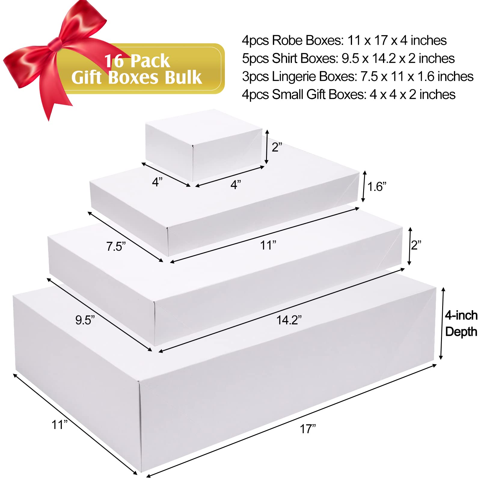 Moretoes 16 Pack Gift Boxes with Lids White Gift Boxes Bulk for Presents, Assorted Sizes for Wrapping Gifts, Bridesmaid Proposal Boxes 4-17 Inch Clothes Holidays Birthday Valentine's Day