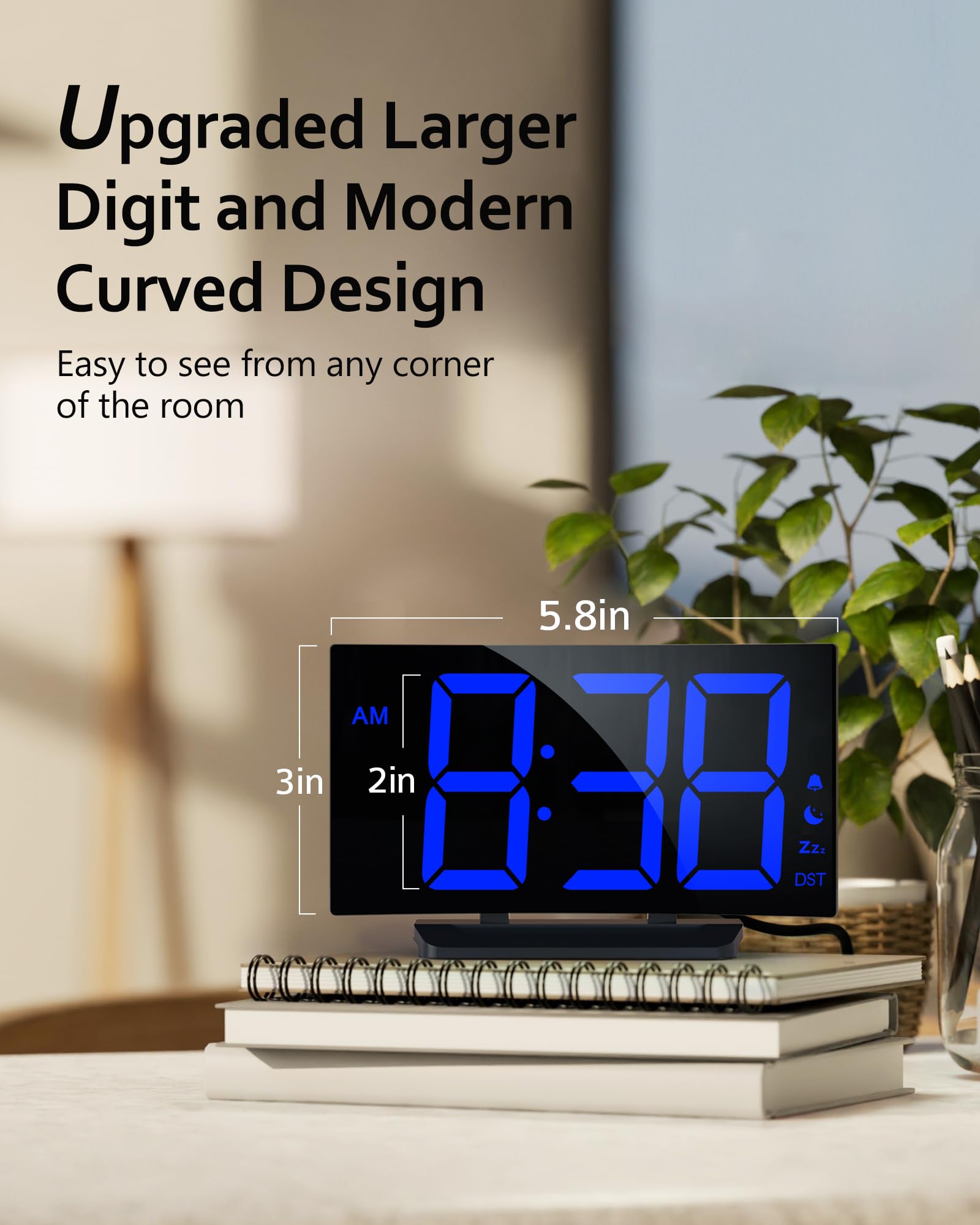 Digital Alarm Clock for Bedrooms, Digital Clock with Modern Curved Design, Conspicuous Blue LED Numbers, 6 Levels Brightness, 2 Volume, 3 Alarm Tones, Snooze, Power-Off Memory, 12/24H, Bedside Clock