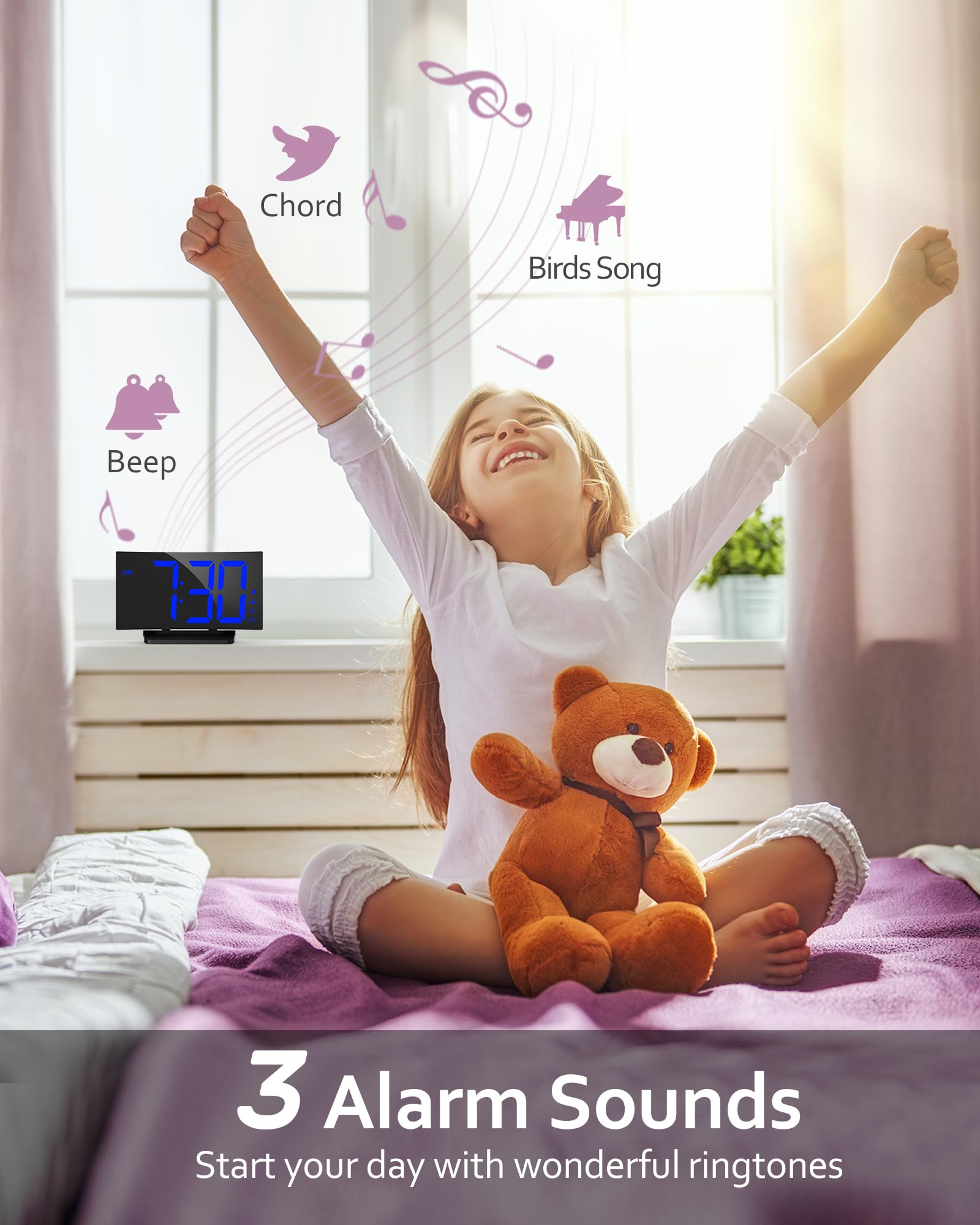 Digital Alarm Clock for Bedrooms, Digital Clock with Modern Curved Design, Conspicuous Blue LED Numbers, 6 Levels Brightness, 2 Volume, 3 Alarm Tones, Snooze, Power-Off Memory, 12/24H, Bedside Clock