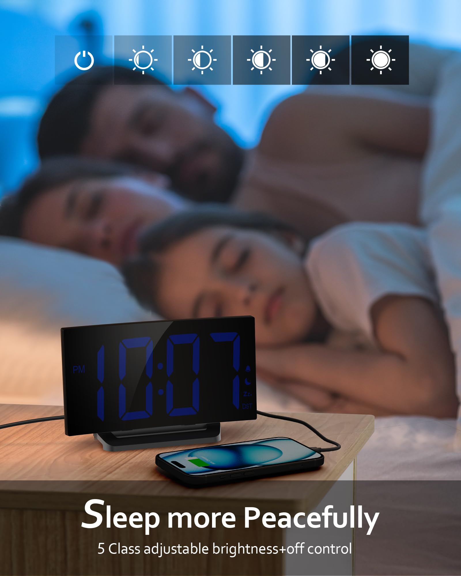 Digital Alarm Clock for Bedrooms, Digital Clock with Modern Curved Design, Conspicuous Blue LED Numbers, 6 Levels Brightness, 2 Volume, 3 Alarm Tones, Snooze, Power-Off Memory, 12/24H, Bedside Clock