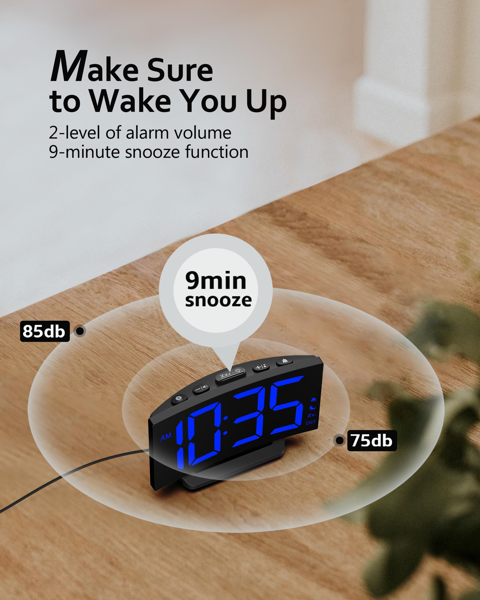Digital Alarm Clock for Bedrooms, Digital Clock with Modern Curved Design, Conspicuous Blue LED Numbers, 6 Levels Brightness, 2 Volume, 3 Alarm Tones, Snooze, Power-Off Memory, 12/24H, Bedside Clock
