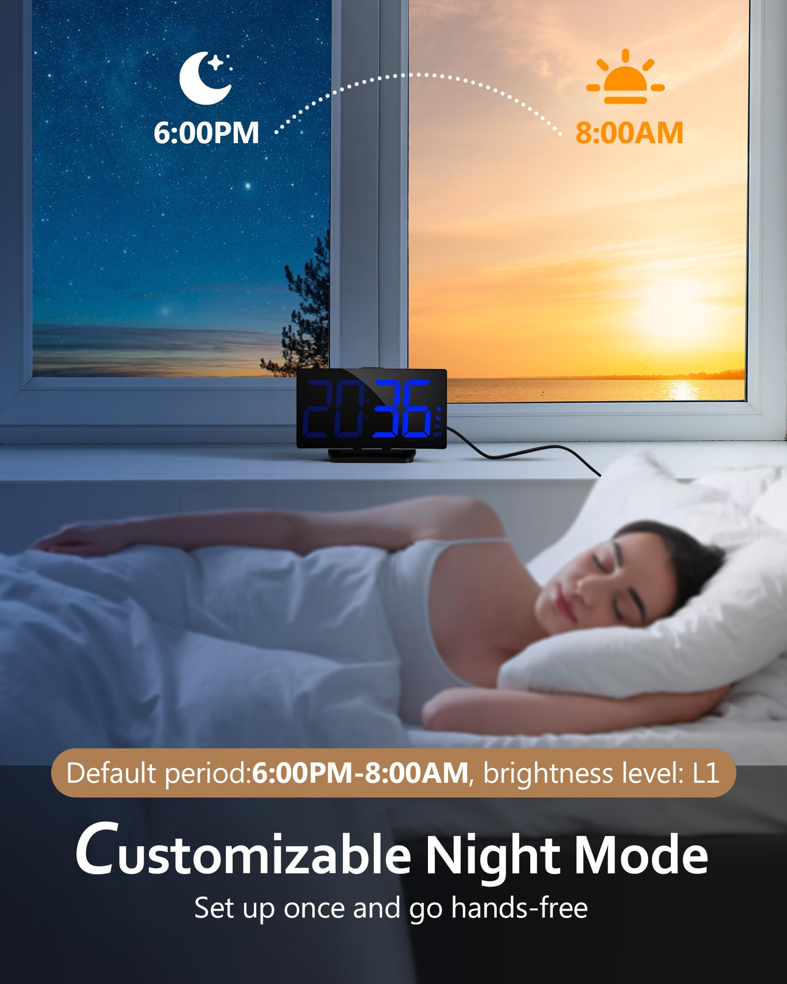 Digital Alarm Clock for Bedrooms, Digital Clock with Modern Curved Design, Conspicuous Blue LED Numbers, 6 Levels Brightness, 2 Volume, 3 Alarm Tones, Snooze, Power-Off Memory, 12/24H, Bedside Clock