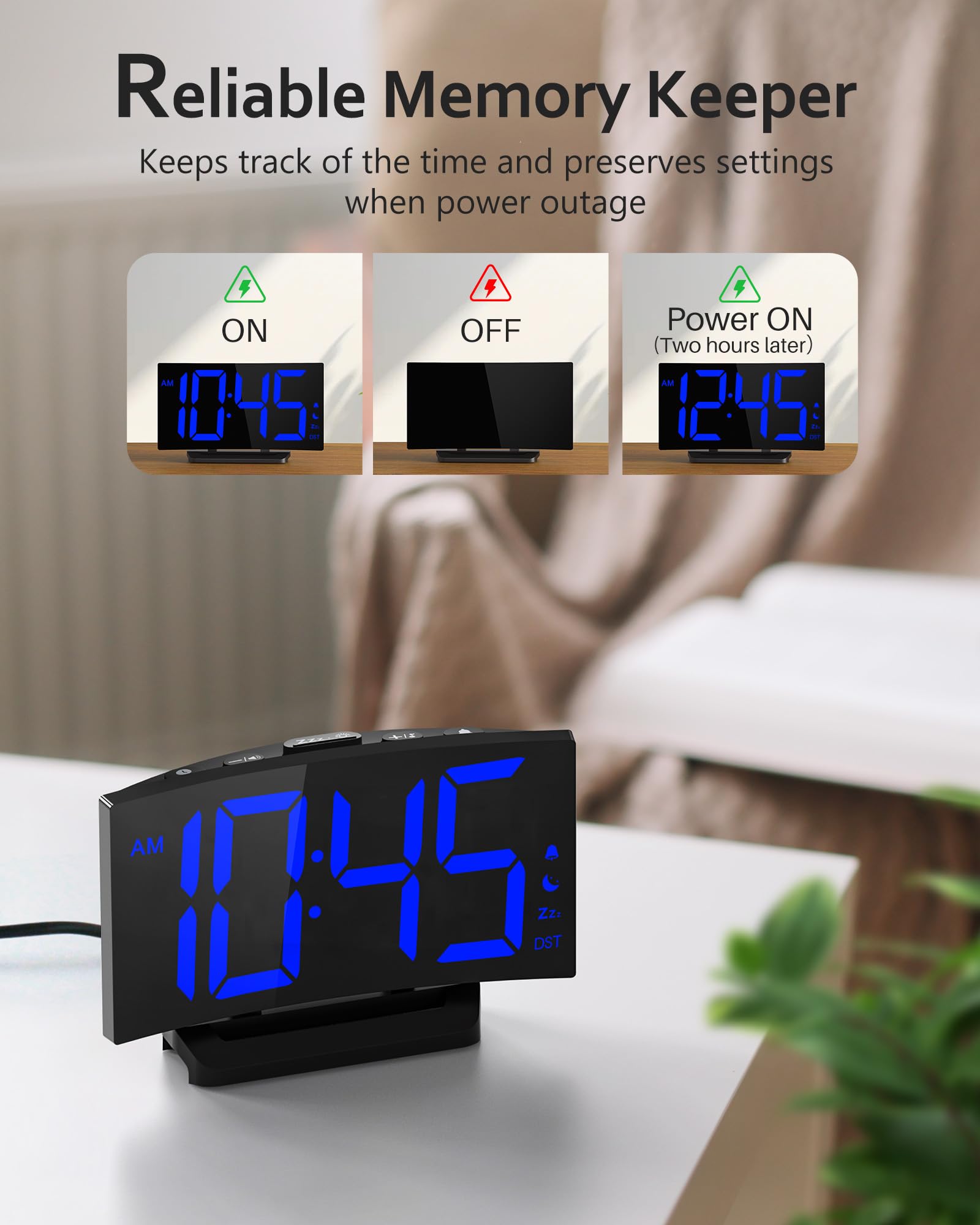 Digital Alarm Clock for Bedrooms, Digital Clock with Modern Curved Design, Conspicuous Blue LED Numbers, 6 Levels Brightness, 2 Volume, 3 Alarm Tones, Snooze, Power-Off Memory, 12/24H, Bedside Clock