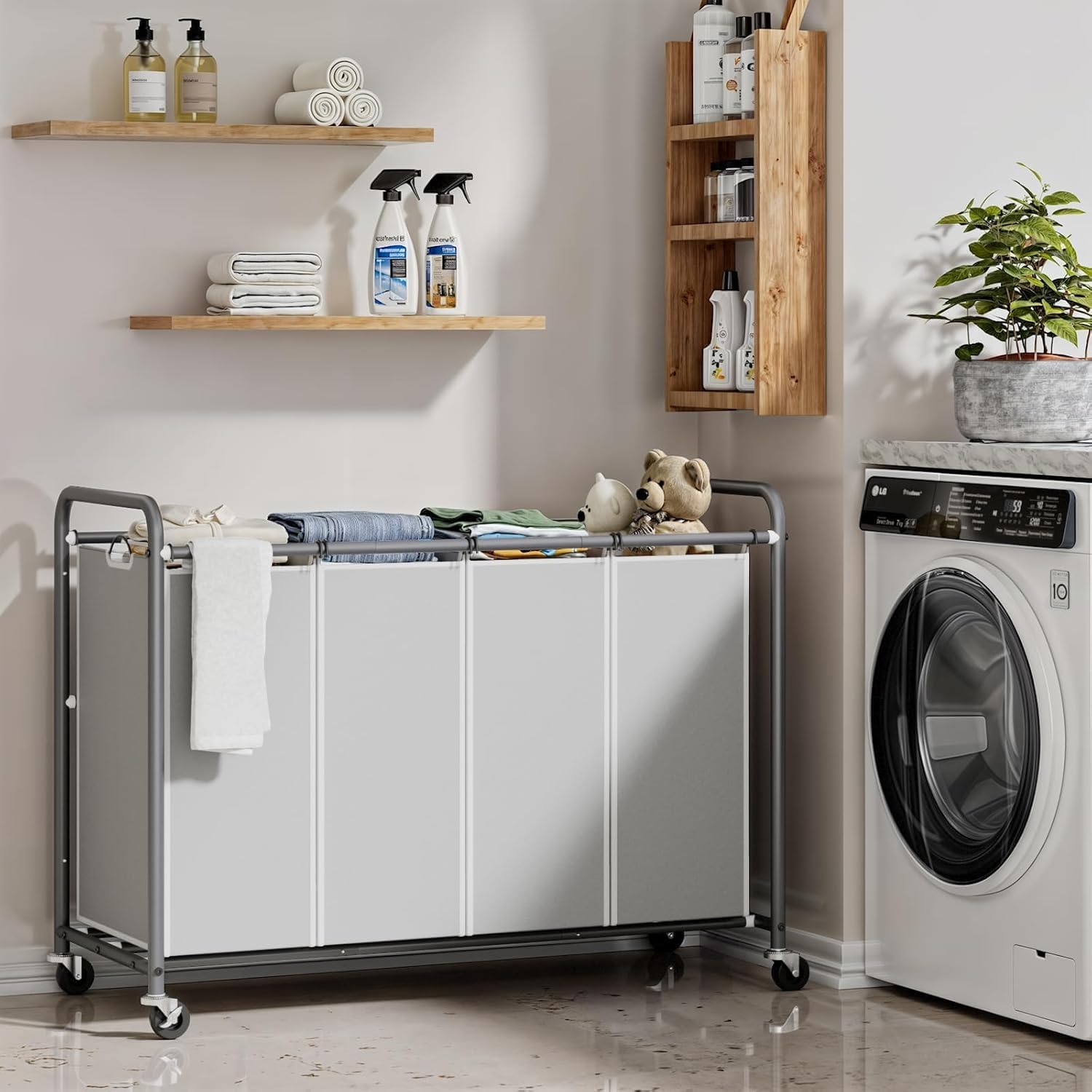 ROMOON 4 Bag Laundry Sorter Cart, Laundry Hamper Sorter with Heavy Duty Rolling Wheels for Clothes Storage, Grey