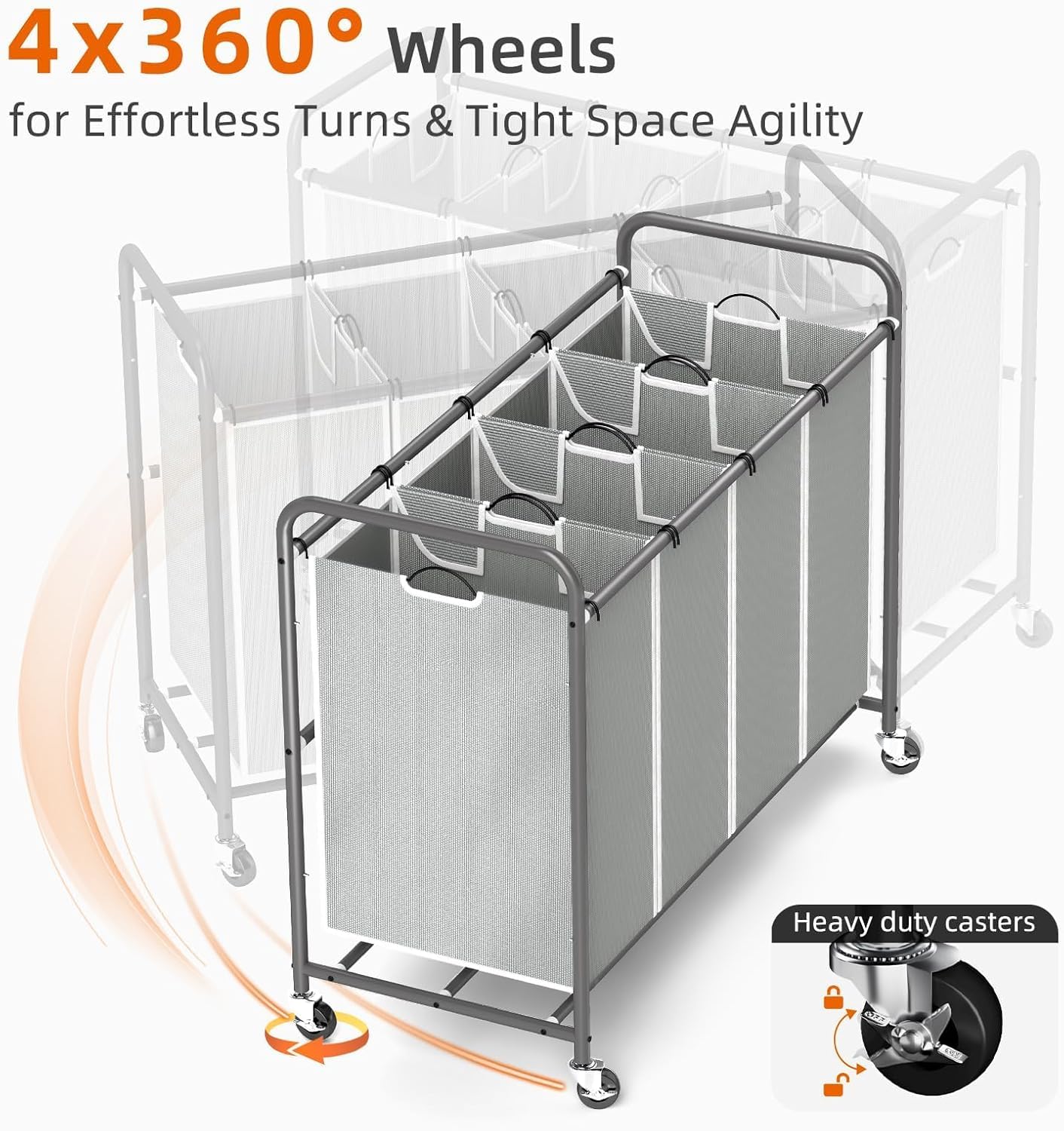 ROMOON 4 Bag Laundry Sorter Cart, Laundry Hamper Sorter with Heavy Duty Rolling Wheels for Clothes Storage, Grey
