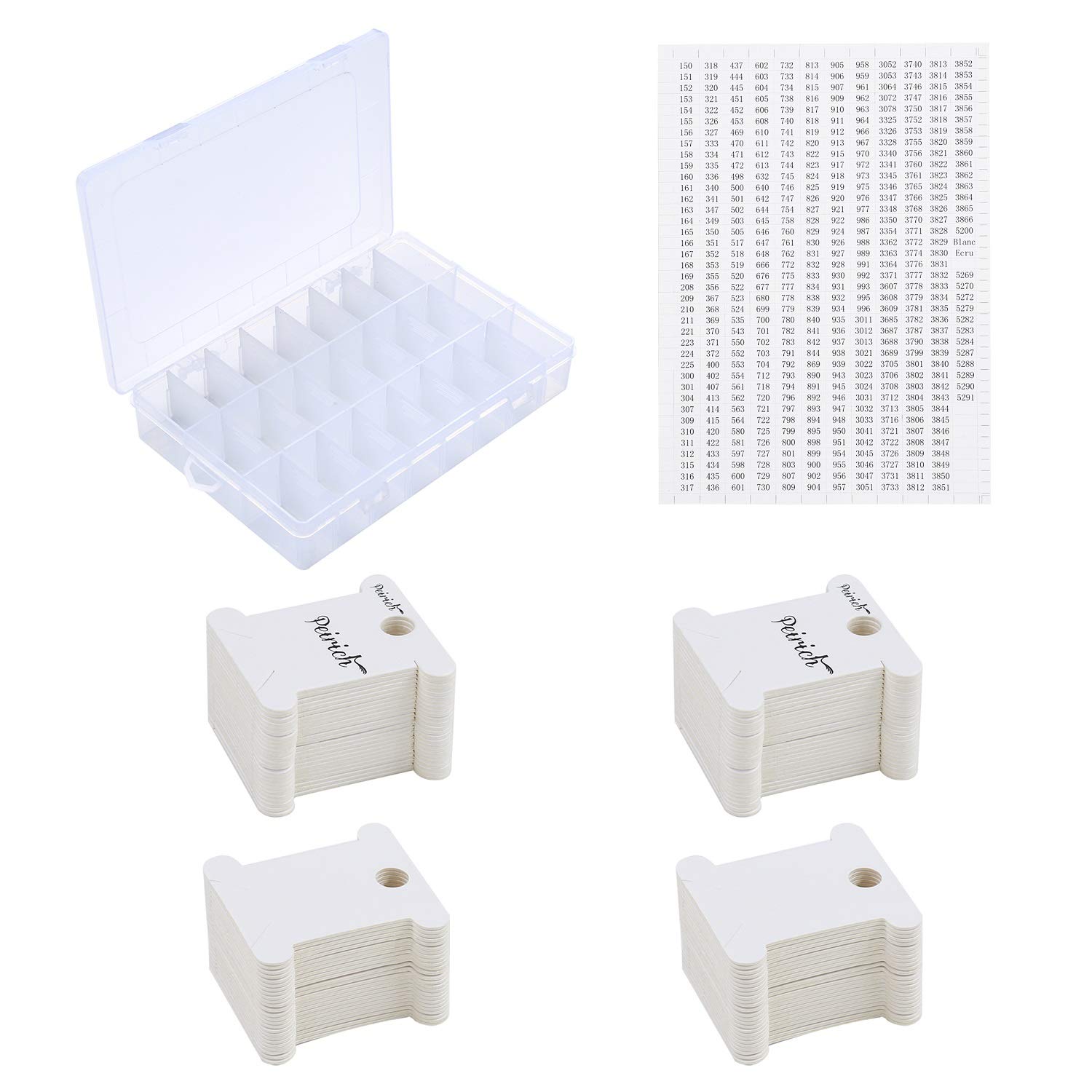 Peirich Embroidery Floss Organizer Box - 24 Compartments with 100 Hard Floss Bobbins and 459 Color Number Stickers