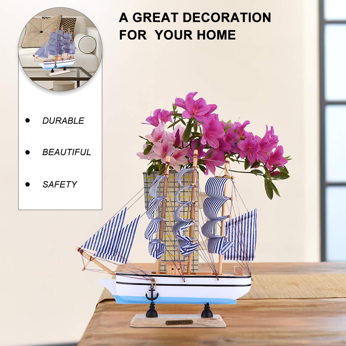 VOSAREA Wood Sailboat Model Blue Ship Figurine 3D Assembling Building Table Ornaments for Home Office Shelf Nautical Decoration Christmas Favors