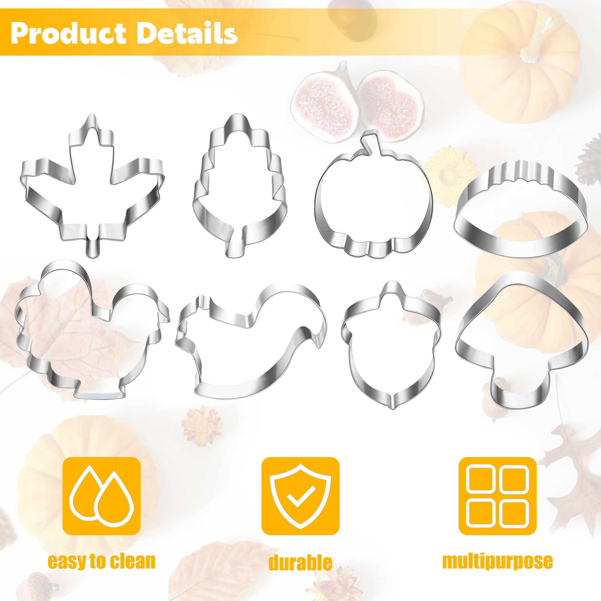 8-Piece Fall Cookie Cutter Set - Pumpkin, Maple Leaf, Football, Turkey, and More - Stainless Steel Baking and DIY Crafting Kit for Thanksgiving, Autumn Decor, and Festive Treats
