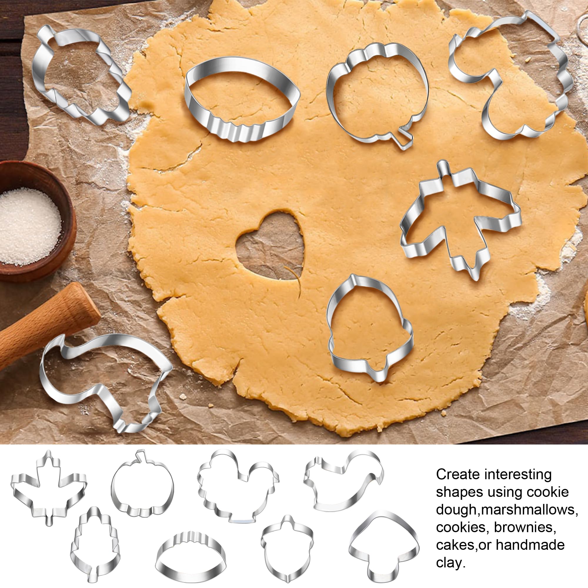 8-Piece Fall Cookie Cutter Set - Pumpkin, Maple Leaf, Football, Turkey, and More - Stainless Steel Baking and DIY Crafting Kit for Thanksgiving, Autumn Decor, and Festive Treats
