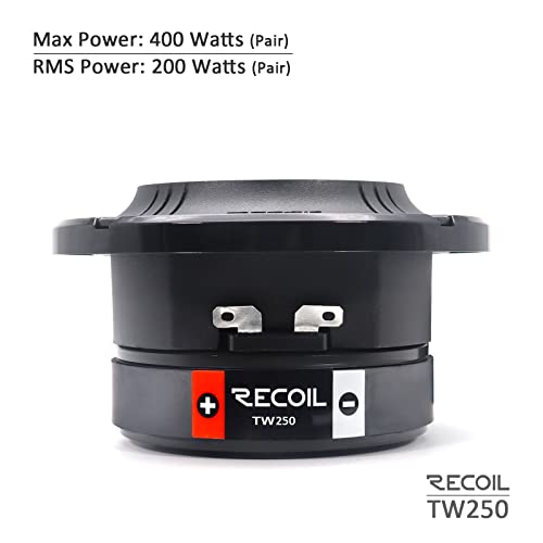 RECOIL TW250 High Compression Car Bullet Super Tweeters, 1-Inch High Temperature Kapton Voice Coil, Aluminum Frame and Diaphragm, 400 Watts Max, 200 Watts RMS, 4 Ohms, Pair