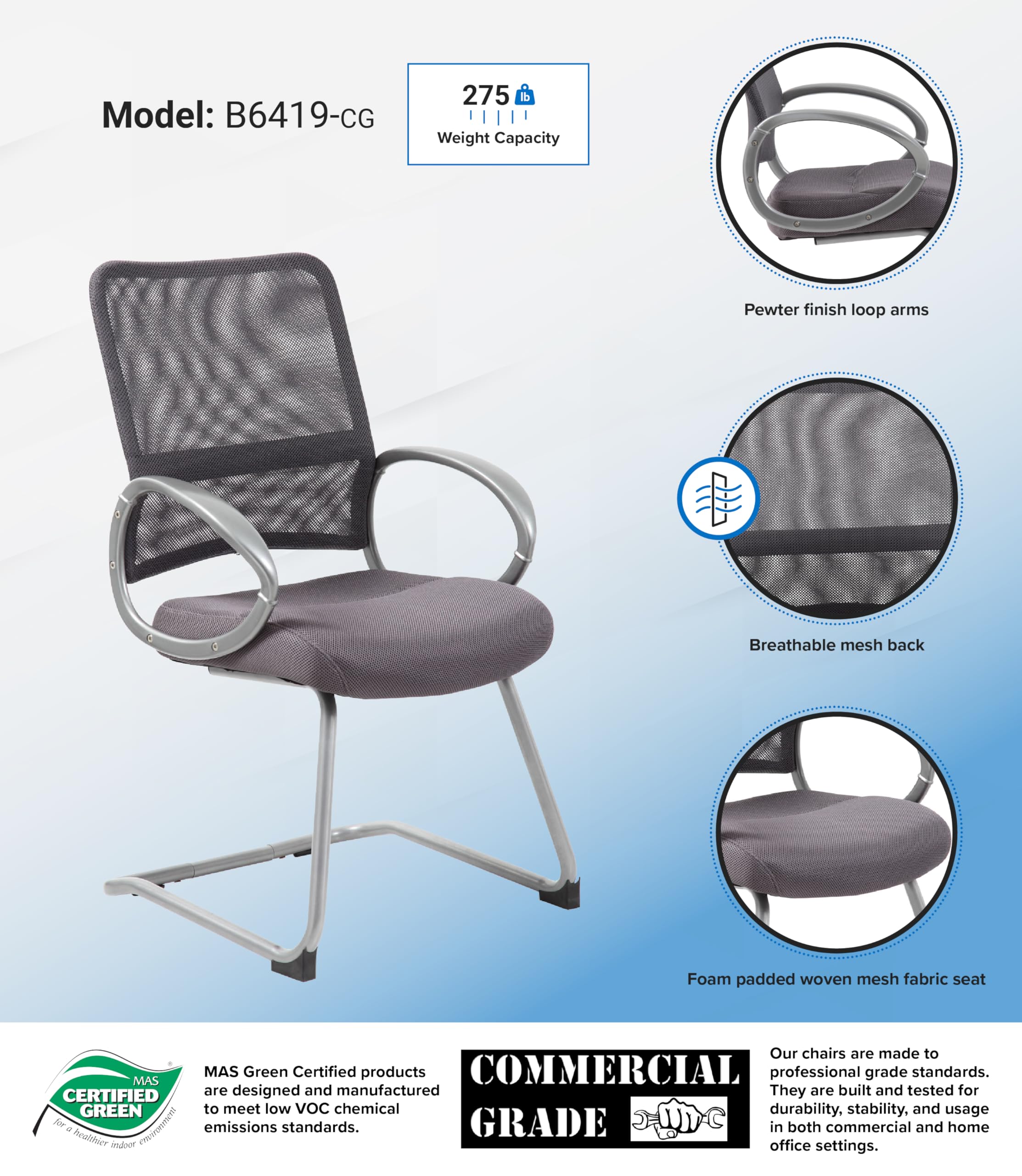 Boss Office Products Mesh Back Guest Chair with Pewter Finish in Charcoal Grey 24D x 24W x 39H in