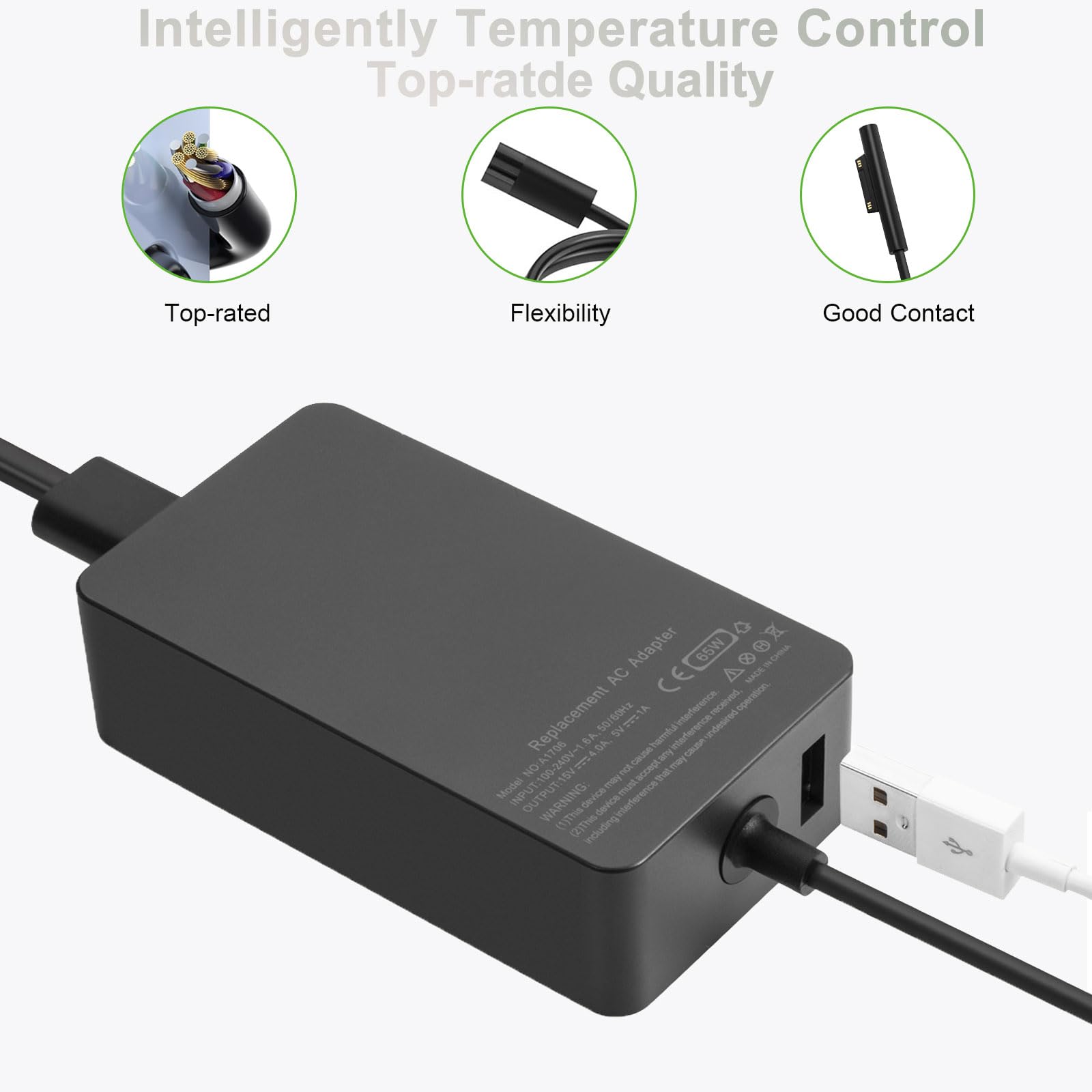 65W Surface Pro Laptop Charger AC Adapter for Microsoft Surface Pro 3, 4, 5, 6, 7, 8, 9, 10, X, Surface Book 3, 2, 1, Windows Surface Laptop 6, 5, 4, 3, 2, 1, Surface Go Tablet, with 6.2ft Power Cord