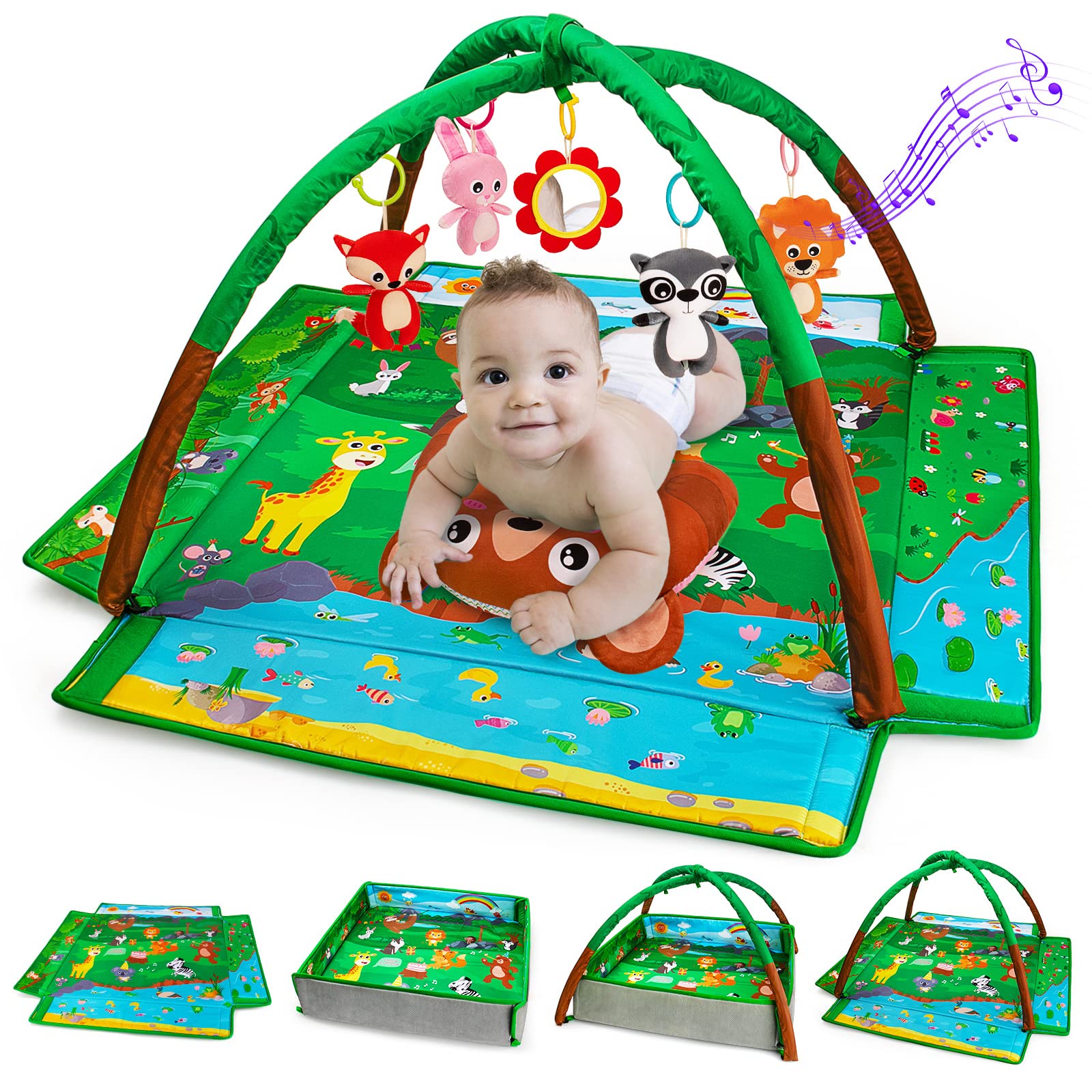 teytoy 6 in 1 Baby Play Mat Thicker Baby Play Gym High Stable Baby Activity Mat Baby Toys 6 to 12 Months with Musical Plush Newborn Toys, Baby Mirror, Tummy Time Pillow for Sensory Skills Development