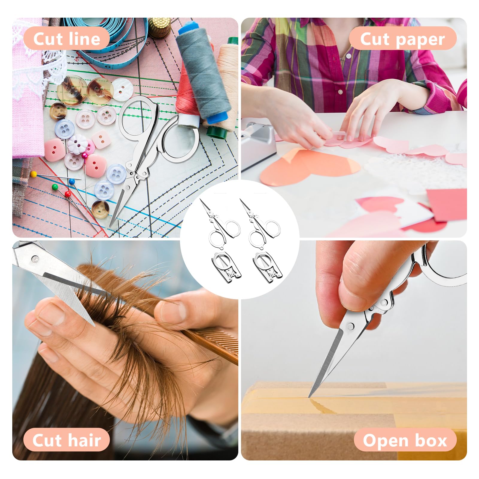 PDCTACST Small Folding Scissors, 4 PCS Mini Stainless Steel Foldable Scissor, Portable Travel Cutter Pocket Craft Scissors for School Classroom Home Camping Sewing Paper Cutting DIY Fabric Project
