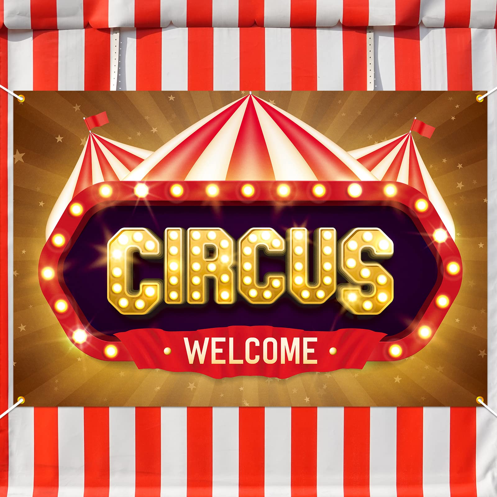 Welcome Circus Backdrop Banner Decor Brown - Red White Striped Tent Carnival Theme Party Decorations for Girls Boys Supplies