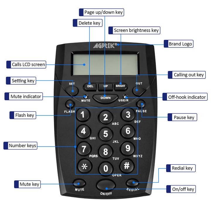 AGPTEK® Call Center Dialpad Headset Telephone with Tone Dial Key Pad & REDIAL
