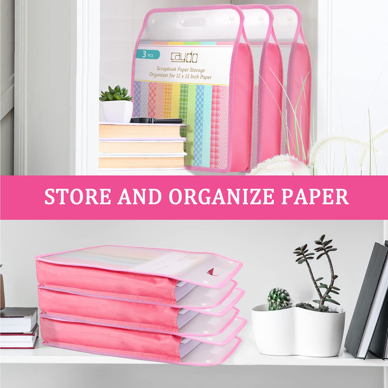Caydo Scrapbook Paper Storage Organizer, Pink Expanding Paper Folio for 12 x 12 Sheets, Scrapbook Paper Storage with Transparent Portable Handle for Holding Scrapbook, Vinyl Paper, Cardstock