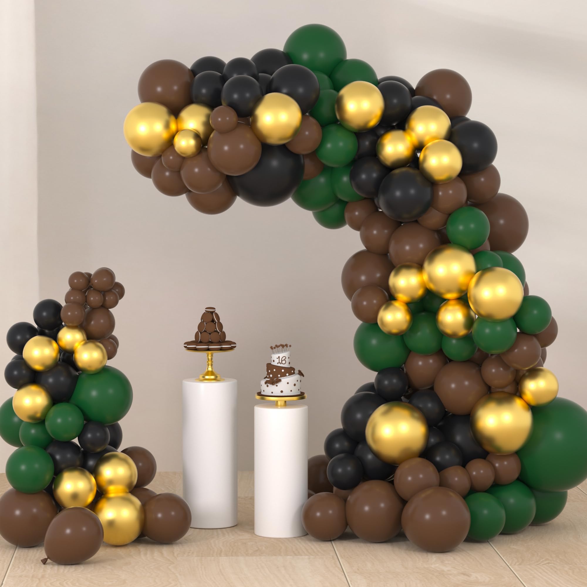 Dark Green Black Gold Balloon Garland Arch Kit, 116PCS Brown Dark Green Black Metallic Gold Balloons for Camo Super Football Bowl Birthday Graduation Woodland Sport Theme Party Decorations