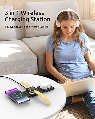 HEYLINSI Wireless Charging Station, Foldable Magnetic Wireless Charging Pad for iPhone 14/13/12 Pro Max/X/XS, 3 in 1 Wireless Travel Charger for AirPods 3/2/Pro Apple Watch